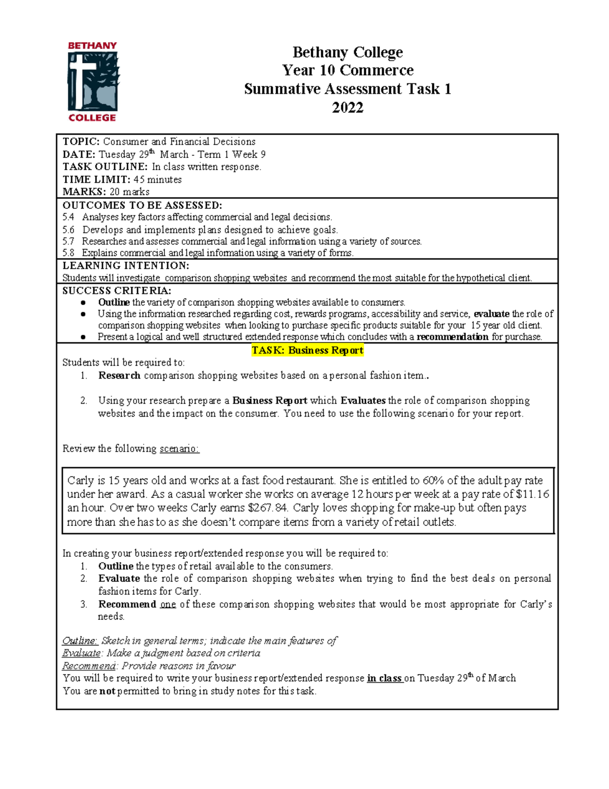 2022 Task 1 Year 10 Commerce - Consumer and Financial Decisions ...