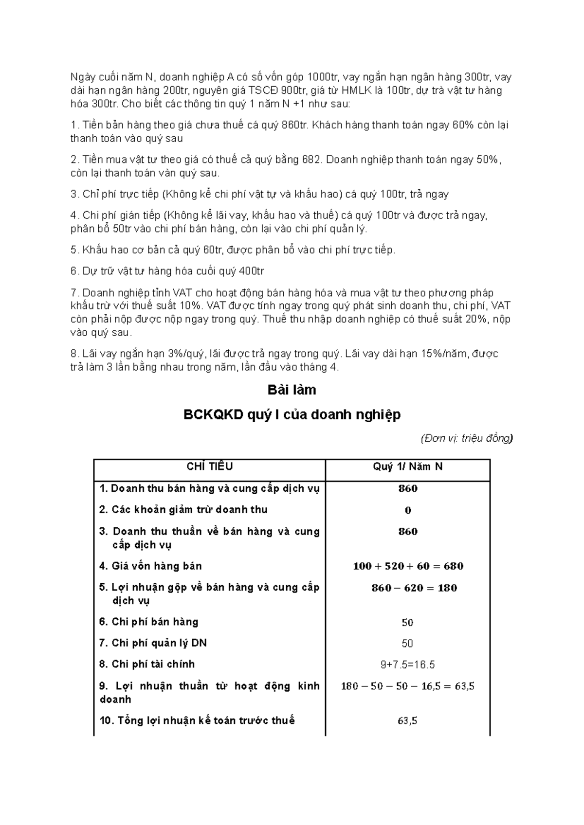 BCTC - BCTC - Ngày cuối năm N, doanh nghiệp A có số vốn góp 1000tr, vay ngắn hạn ngân hàng 300tr ...