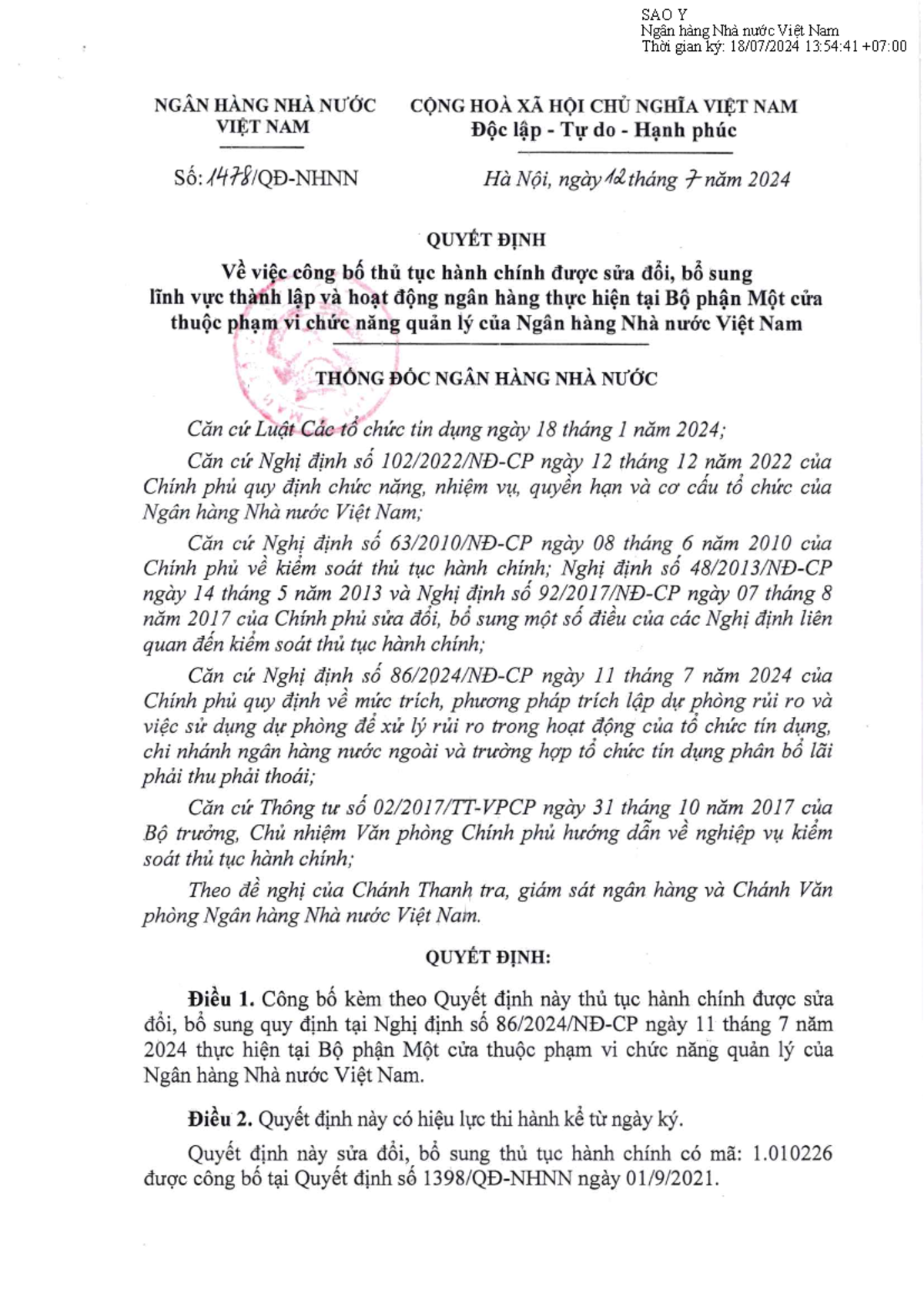 CV 1478 QĐ công bố thủ tục hành chính NHNN - NGAN HANG NHA NtIdC ...