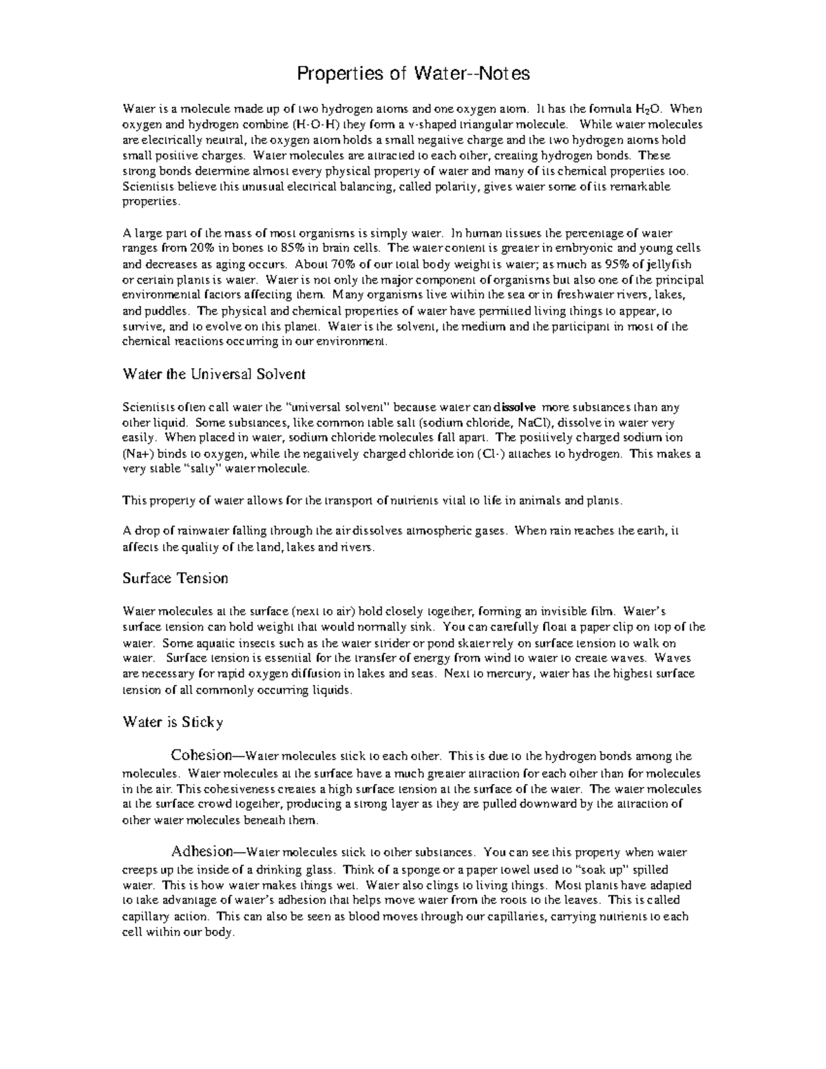 Po W - THE POWER OF WATER - Properties of Water-Notes Water is a ...