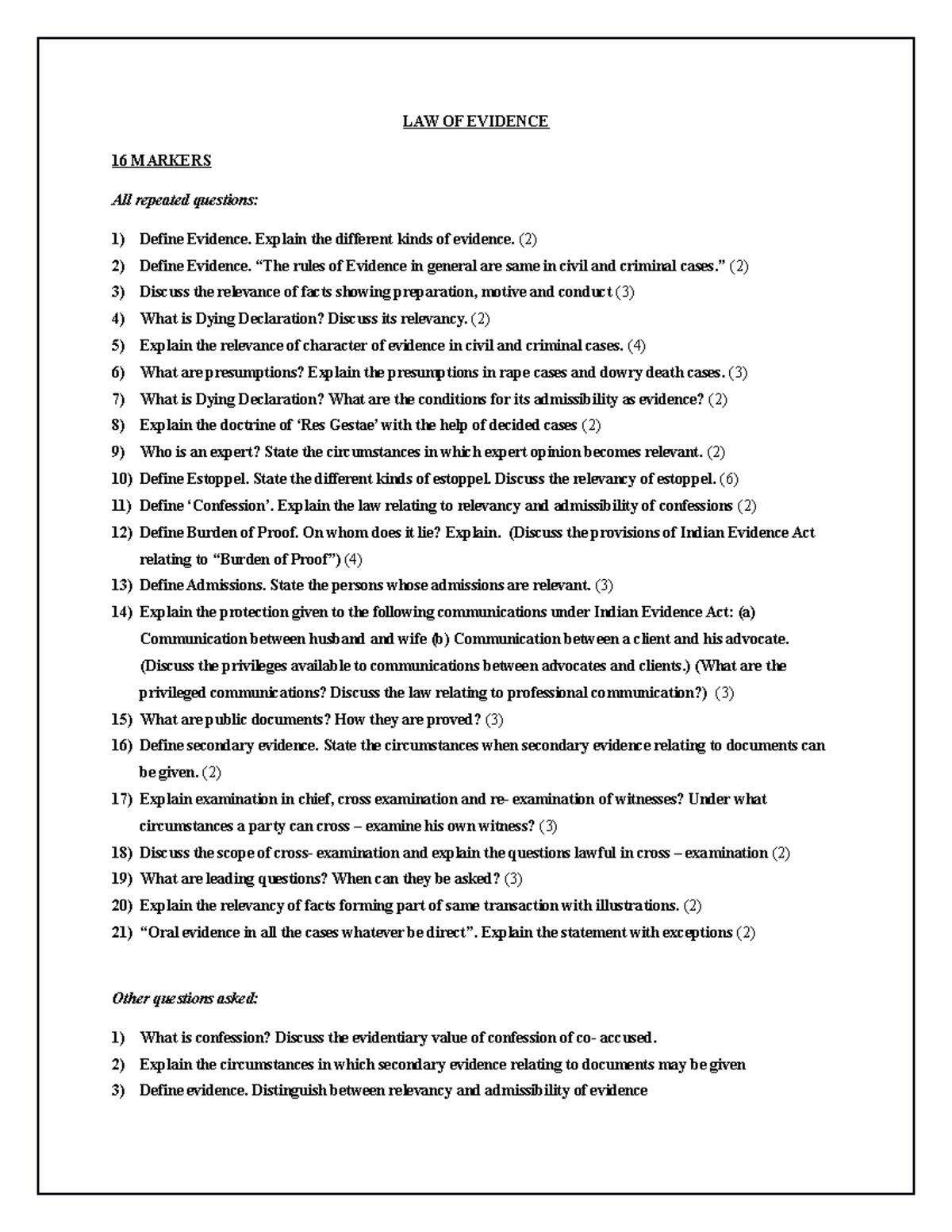 1. Law of Evidence questions paper kslu - LAW OF EVIDENCE 16 MARKERS ...