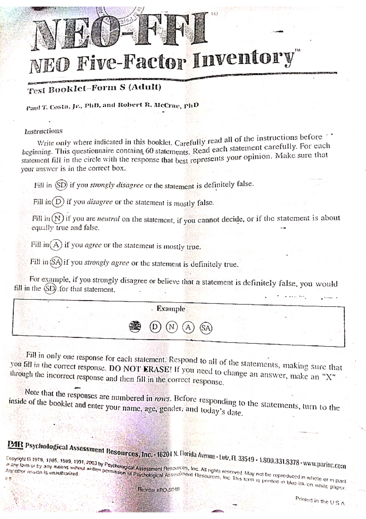 Neo ffi -test - Informative - TM TM NEO Inventory Test S (Adult) Paul T ...