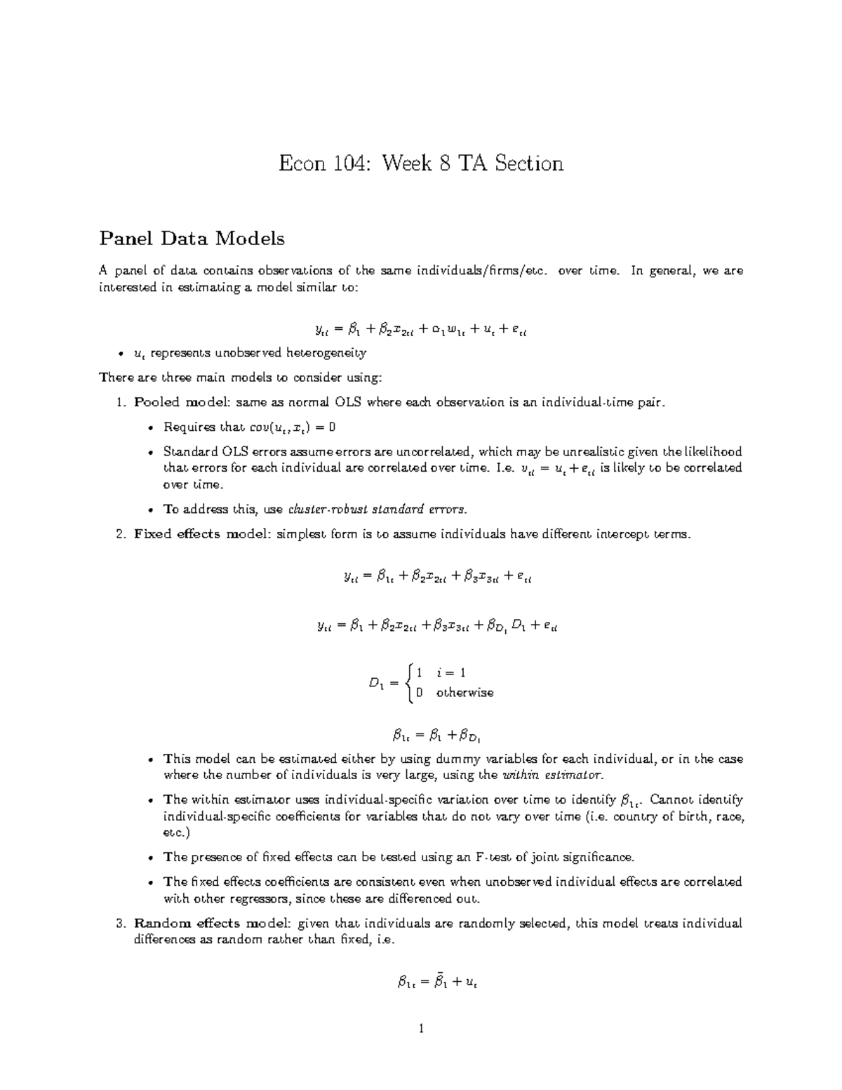 Week 6 TA Note - yesh - Econ 104: Week 8 TA Section Panel Data Models A ...