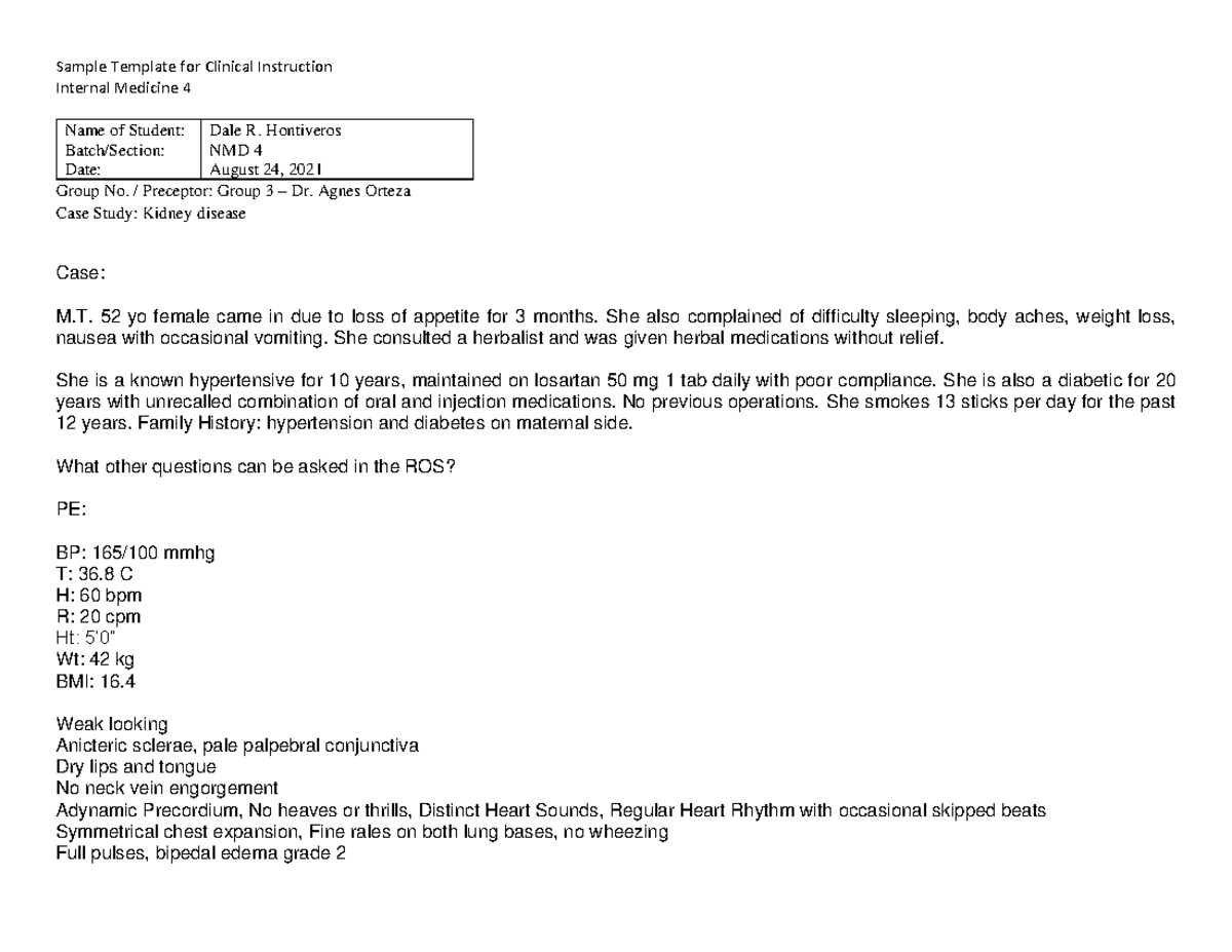 Chronic Kidney Disease - Sample Template for Clinical Instruction ...