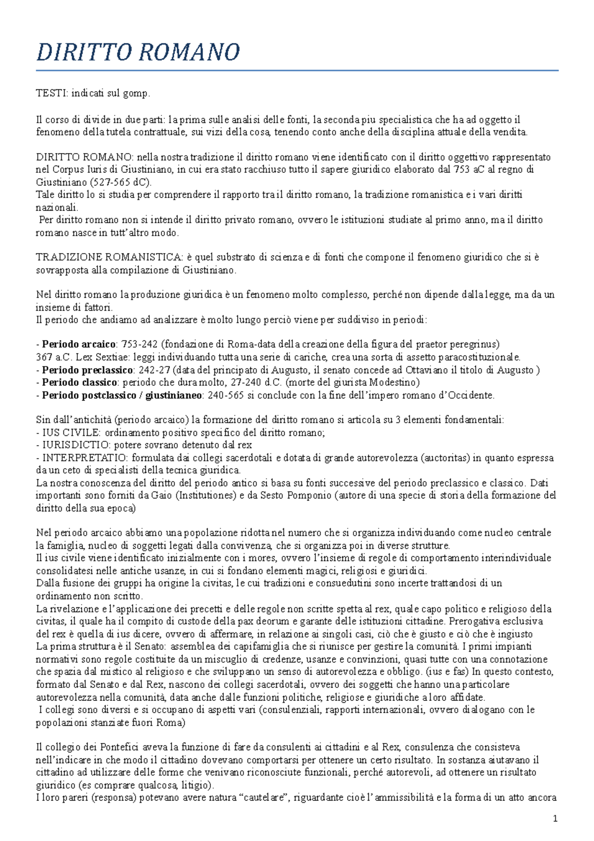 Diritto Romano 4 anno - DIRITTO ROMANO TESTI: indicati sul gomp. Il ...