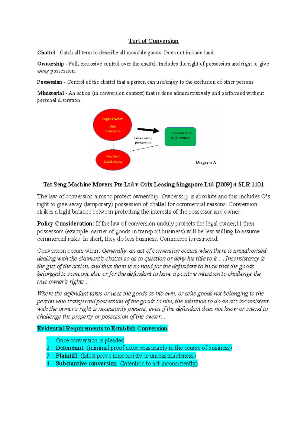 SUSS Tort SU9 Essay Outlines Conversion - Tort of Conversion Chattel ...