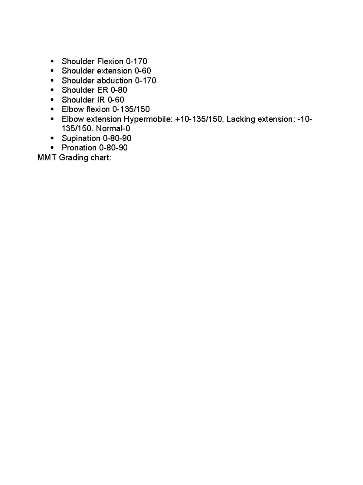 Motor final studyguide - Elbow extension Hypermobile: +10-135/150 ...