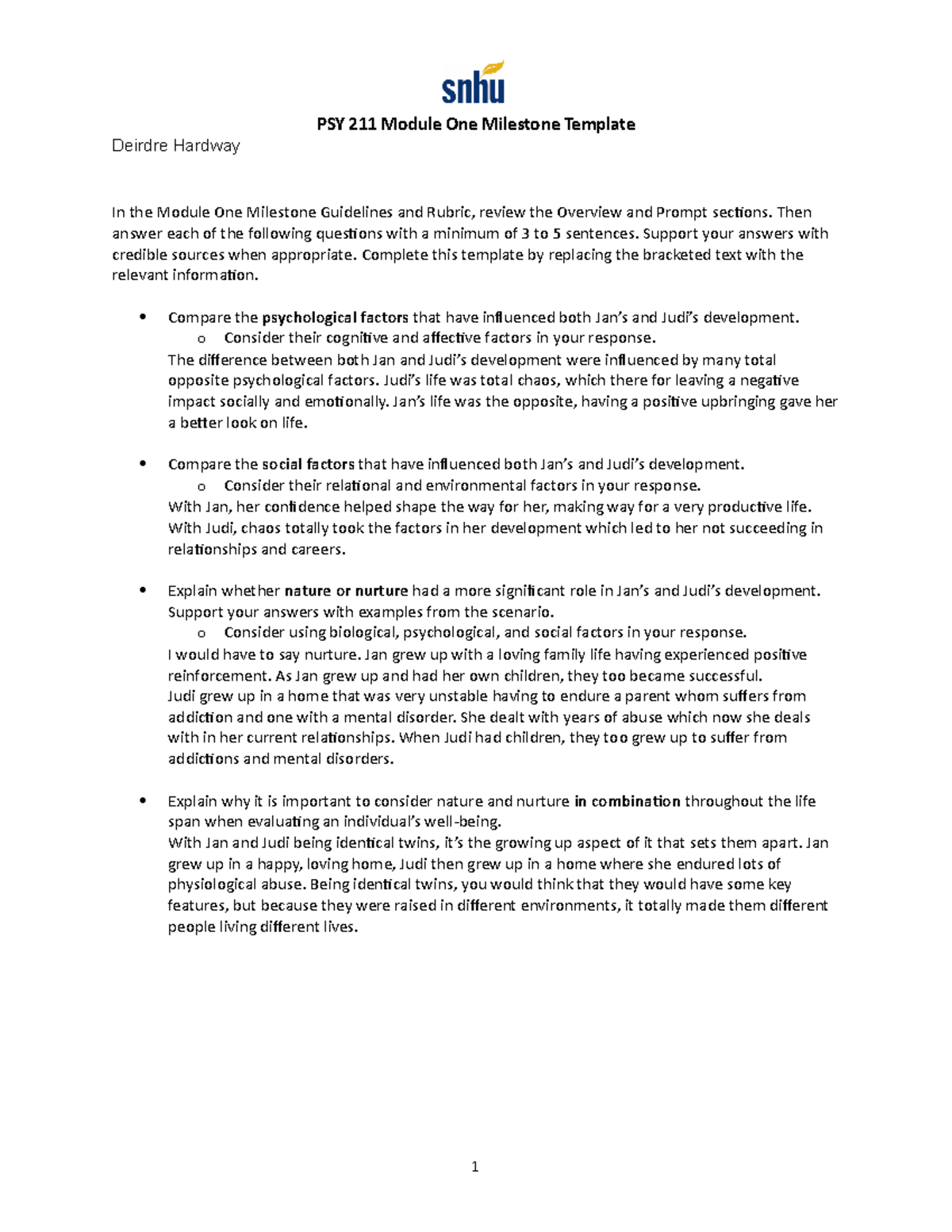 PSY 211 Module One Milestone Template - PSY 211 Module One Milestone ...