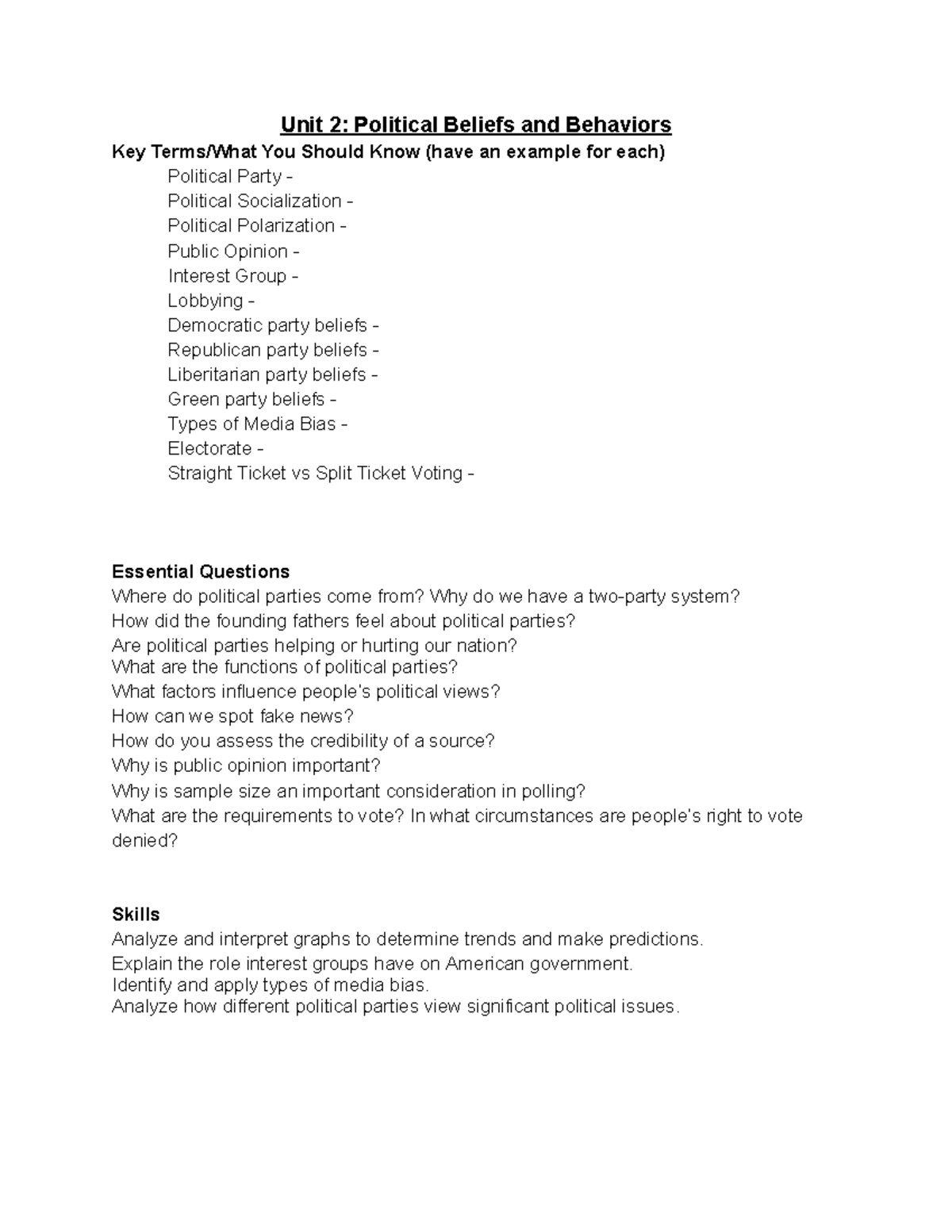 Government-Unit 2 Political Beliefs and Behaviors Study Guide - Unit 2 ...