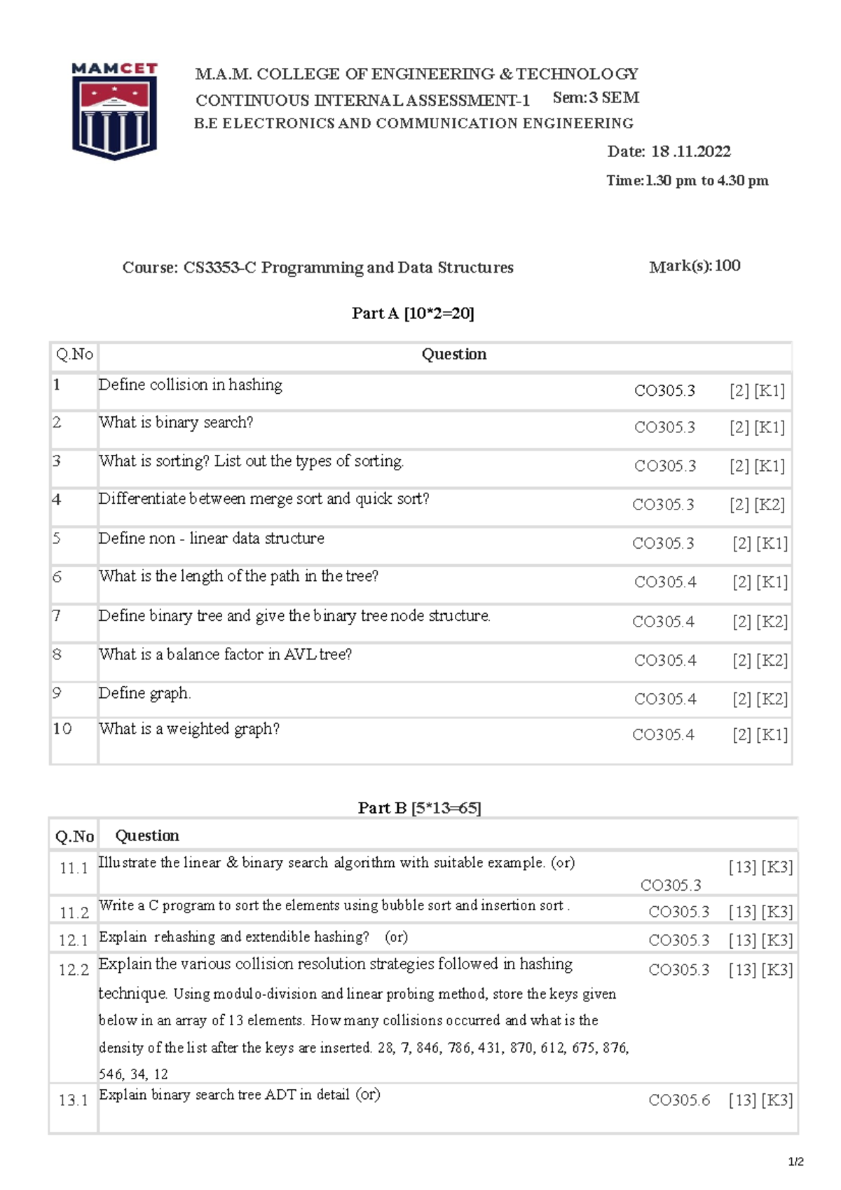 CIA-1 ds IT MAIN - question paper - 1/ M.A. COLLEGE OF ENGINEERING ...