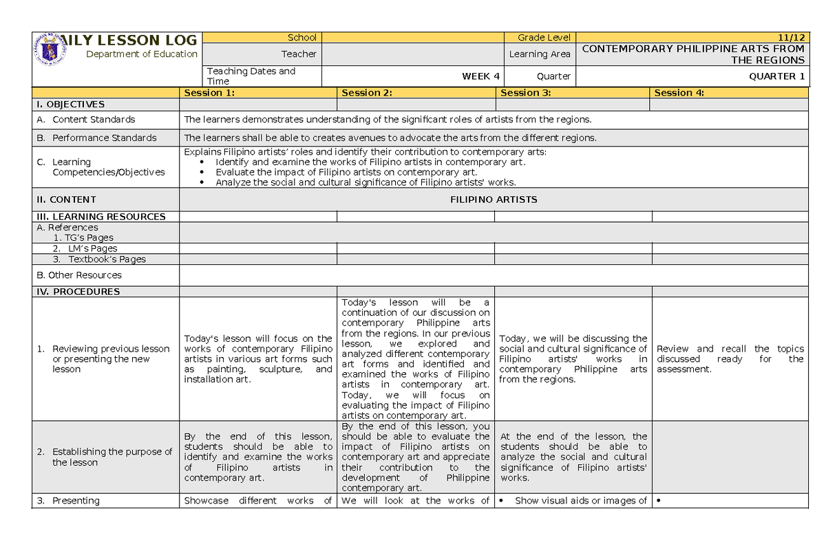 CPAR Q1 WEEK4 - contempo arts from the regions module 4- quarter 1 DLL ...