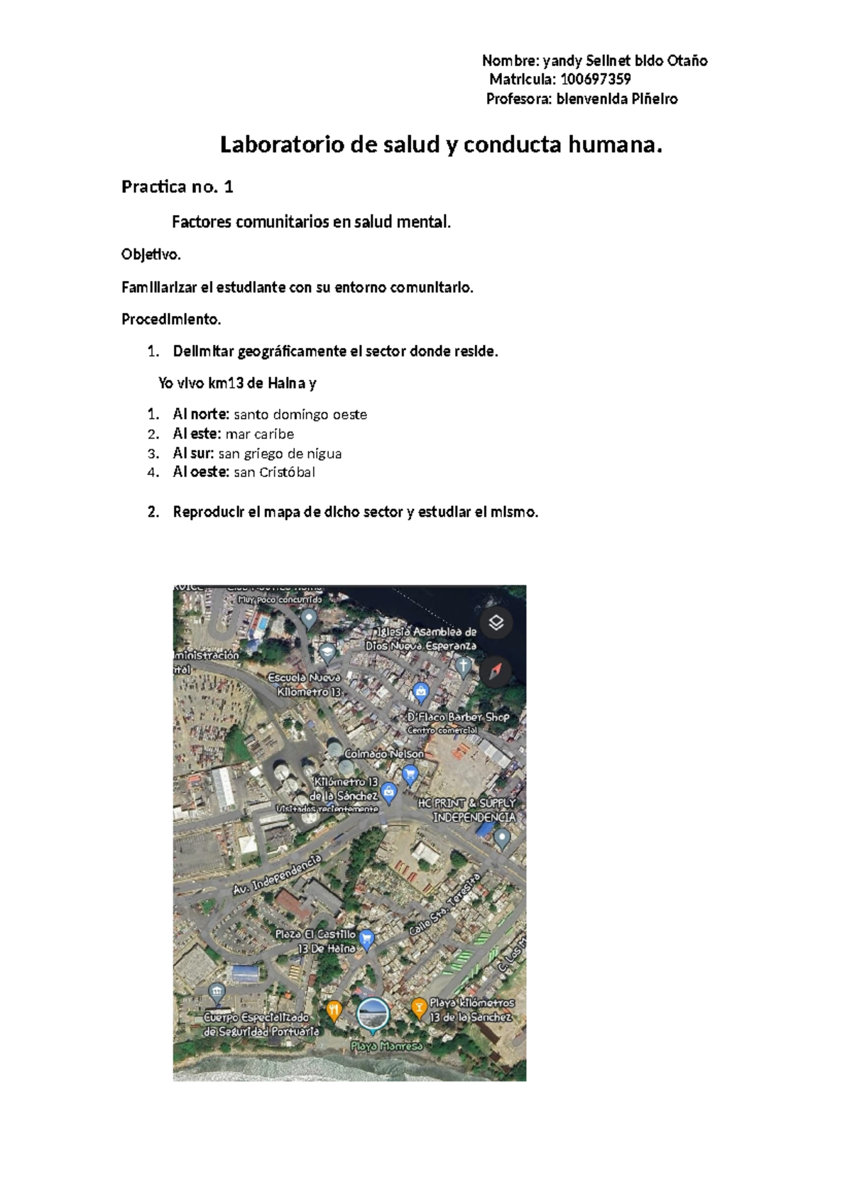 Laboratorio de salud y conducta humana - Nombre: yandy Selinet bido Otaño Matricula: 100697359 ...