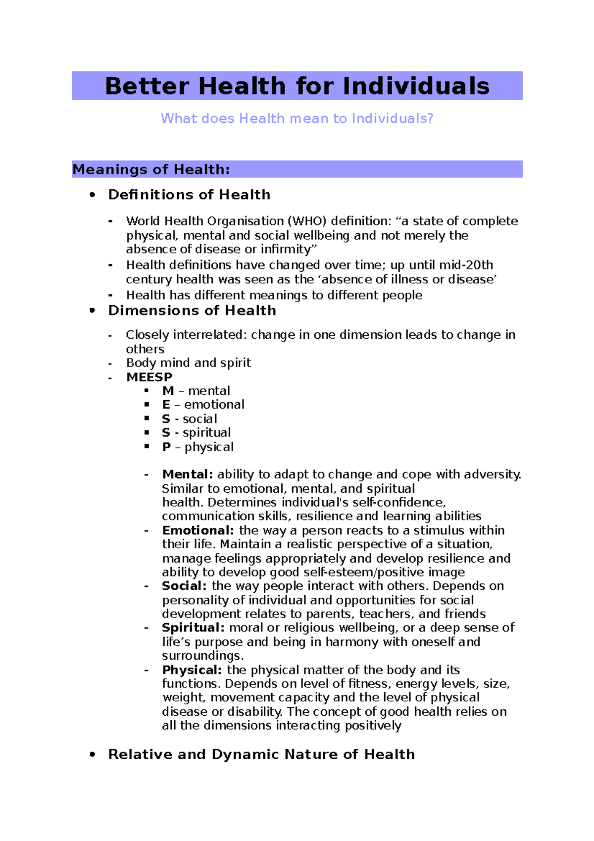 Pdhpe - Summary Notes - Better Health for Individuals What does Health ...