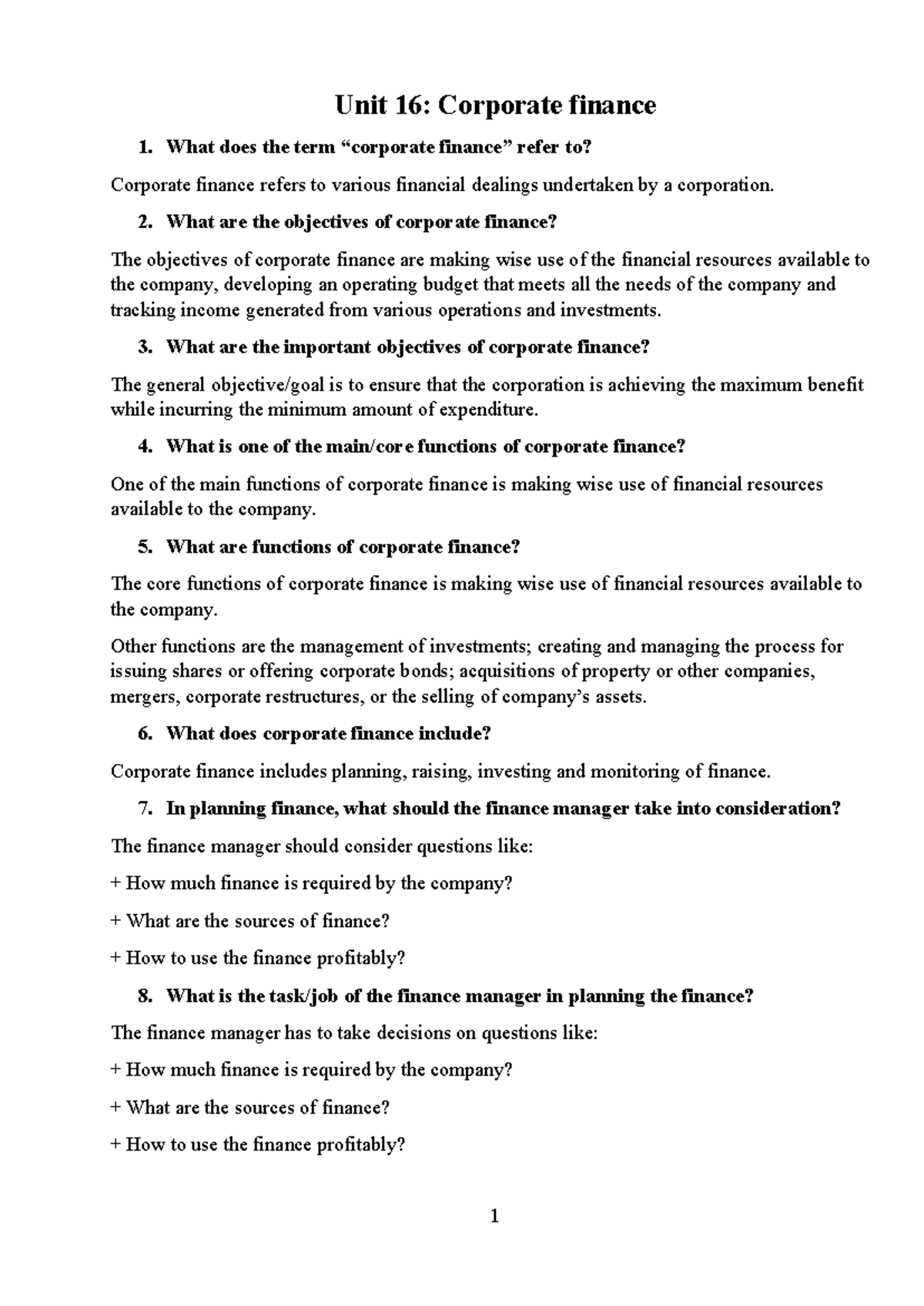 TACN2 THI - Tiếng Anh Chuyên Ngành 2 - Unit 16: Corporate finance What does the term “corporate ...