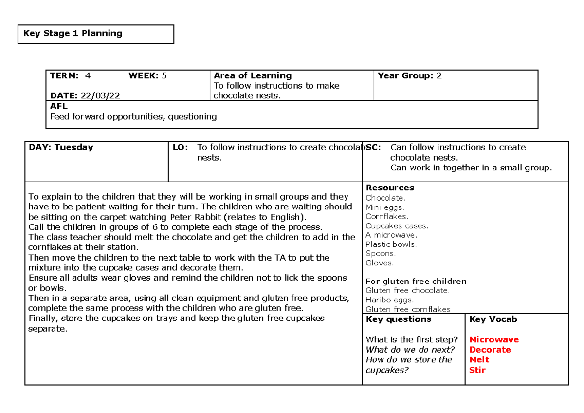Making chocolate nests lesson plan - – DAY: Tuesday LO: To follow ...