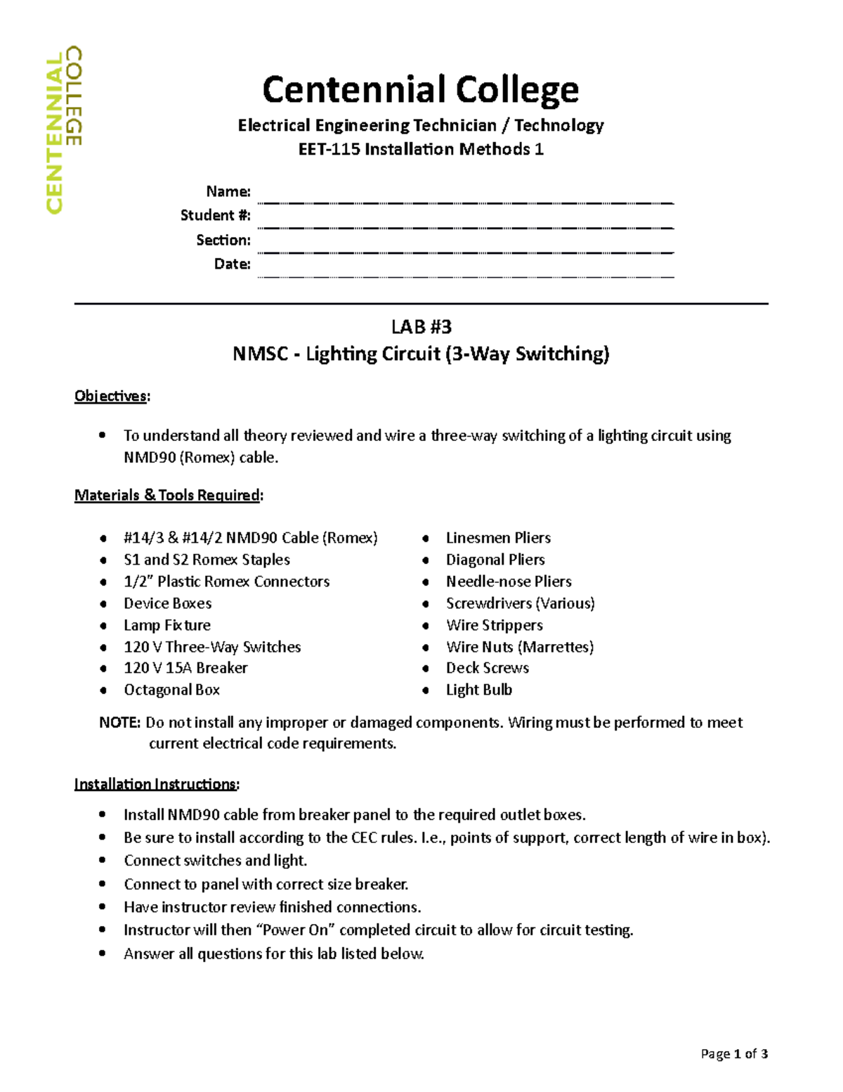 EET-115 Lab 3 - Three-way Switch Using NMSC - Centennial College ...