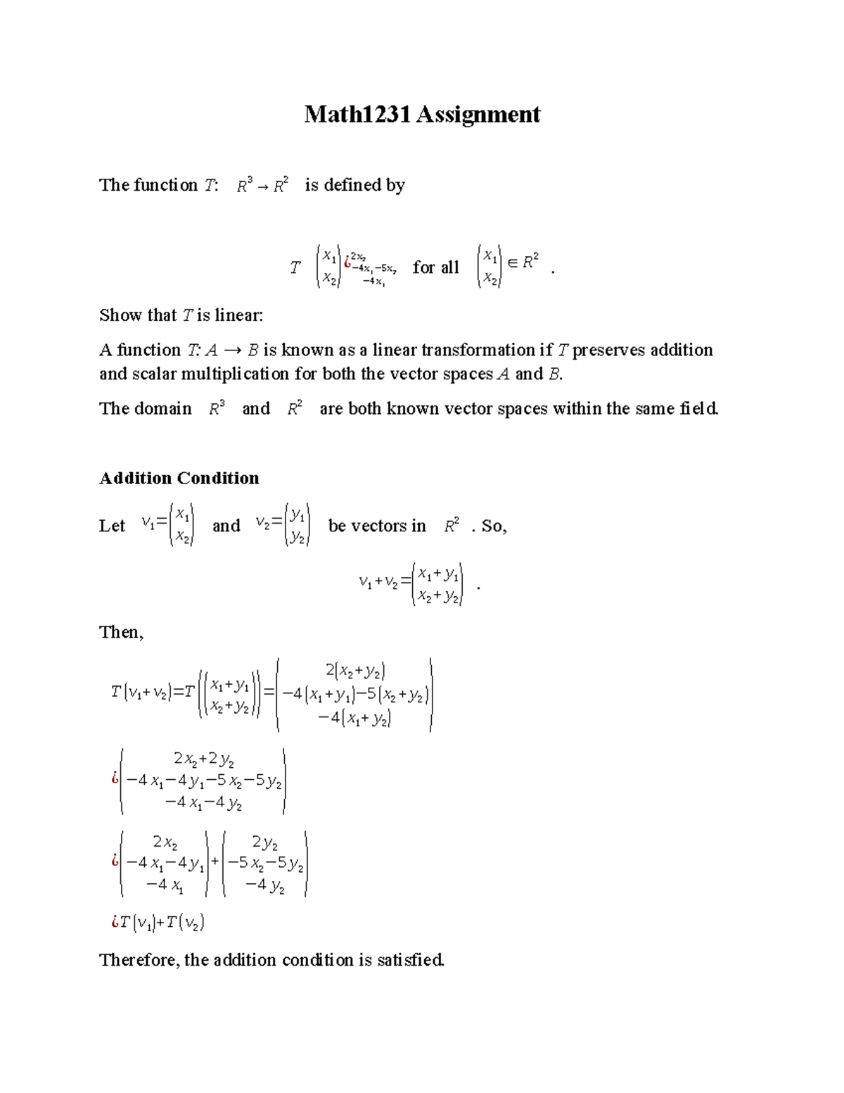Math1231 Assignment - Show that T is linear: A function T: A → B is known as a linear ...