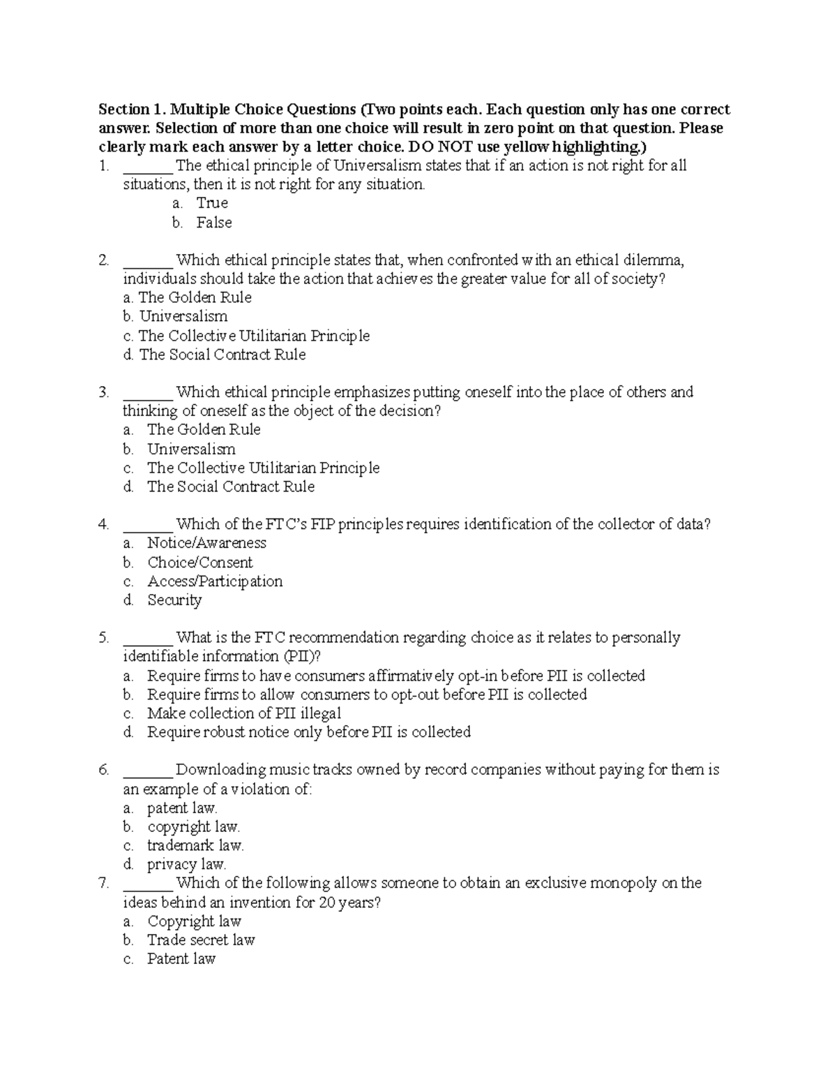 Zxx - ethics of technology - Section 1. Multiple Choice Questions (Two ...
