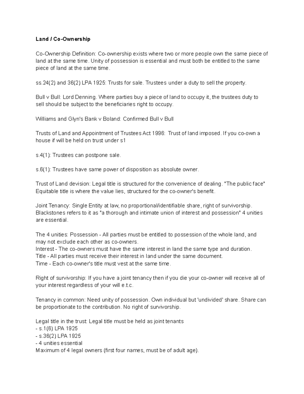 Land Co-Ownership - notes and cases - Land / Co-Ownership Co-Ownership ...
