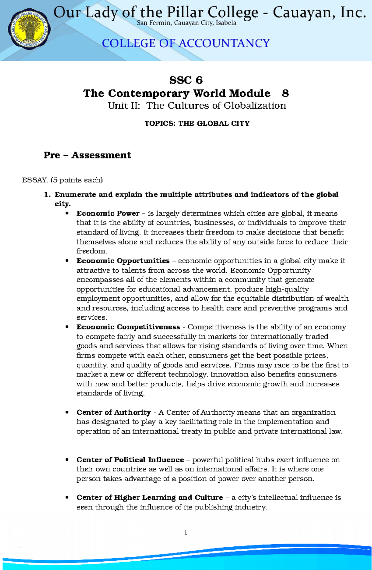 SSC 6 Module 9 - NOTES - SSC 6 The Contemporary World Module 8 Unit II ...