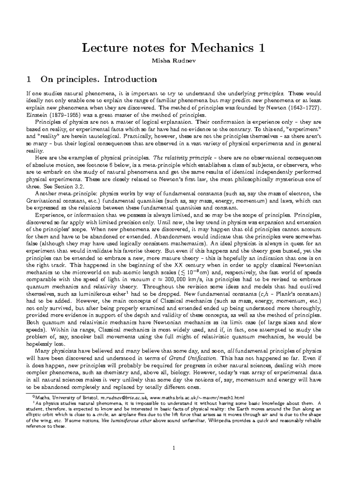 Intro - Physics Notes - Lecture notes for Mechanics 1 Misha Rudnev 1 On ...