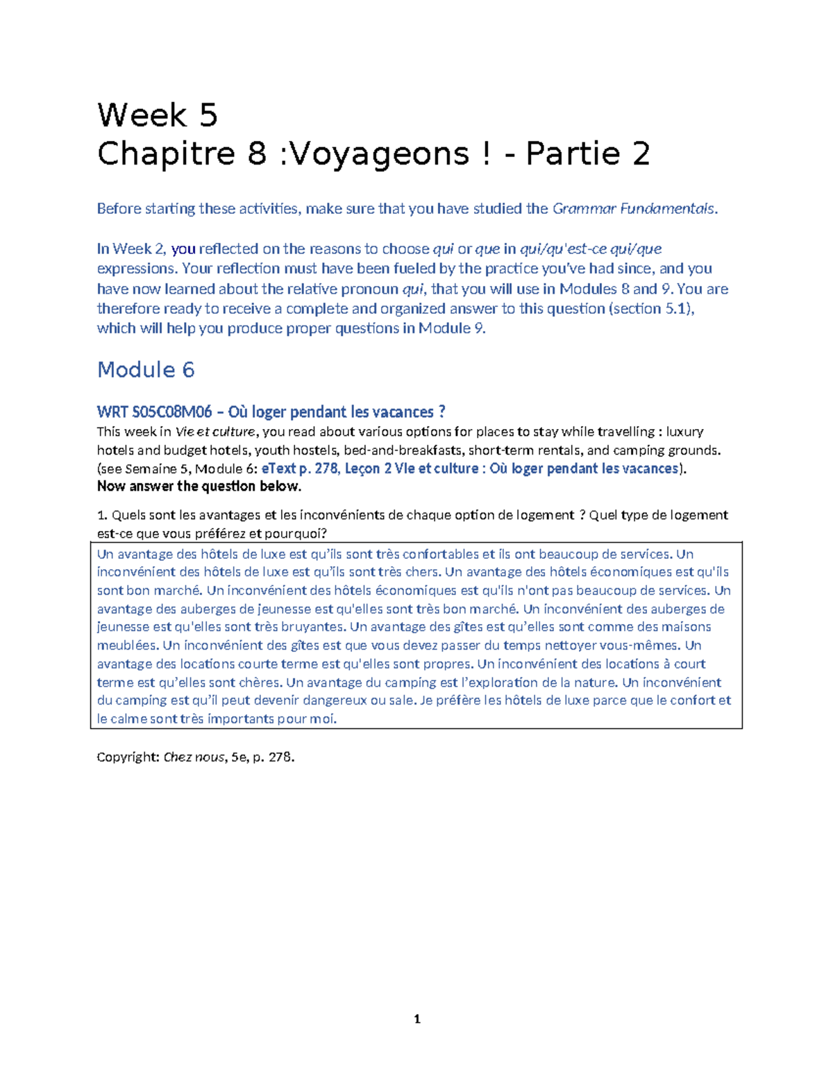 FREN 118 Written Activity S05 Ch08 - Week 5 Chapitre 8 :Voyageons ...