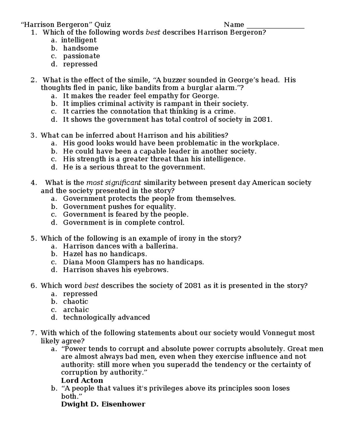 HB Quiz - Answer - “Harrison Bergeron” Quiz Name _________________ 1 ...