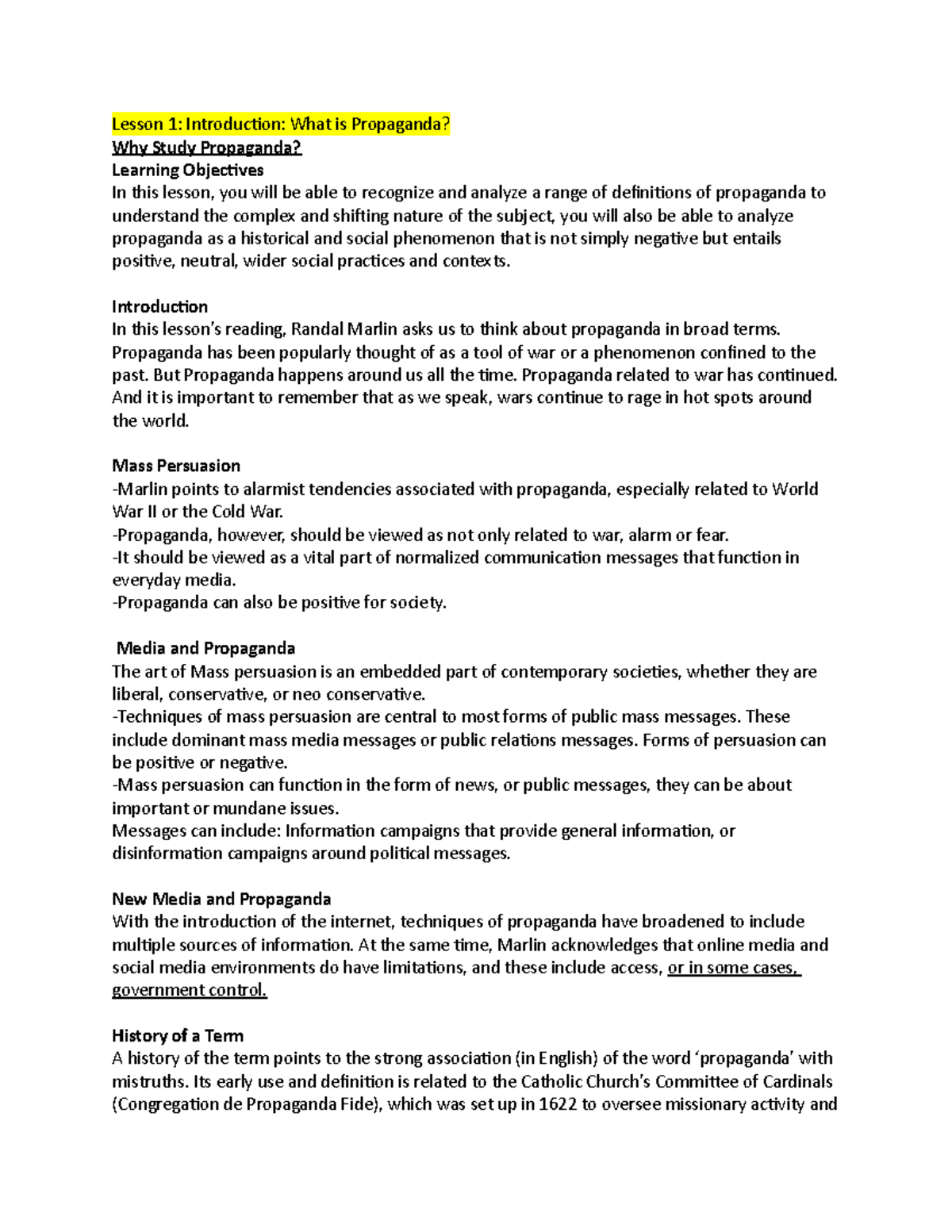 Propaganda Notes - lessons 1-8 - Lesson 1: Introduction: What is ...