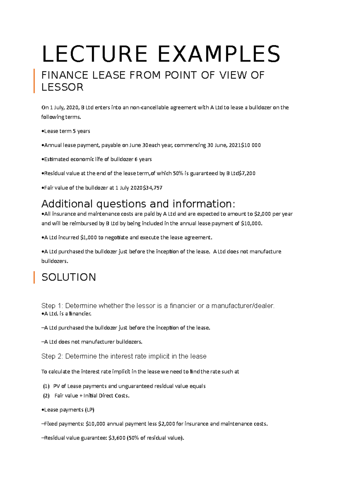 Lecture Examples - LECTURE EXAMPLES FINANCE LEASE FROM POINT OF VIEW OF ...