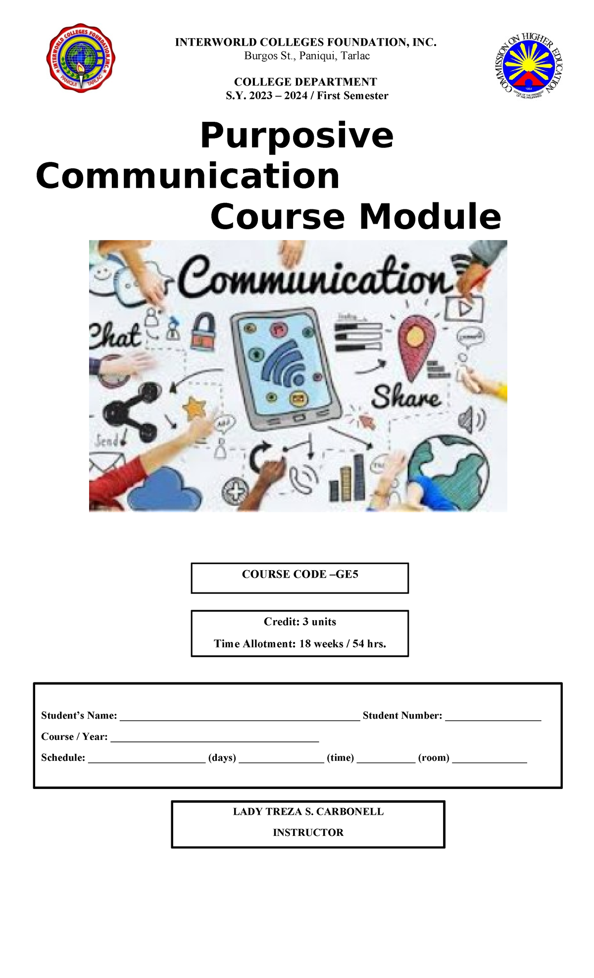 Purposive communication midterm module - INTERWORLD COLLEGES FOUNDATION, INC. Burgos St ...