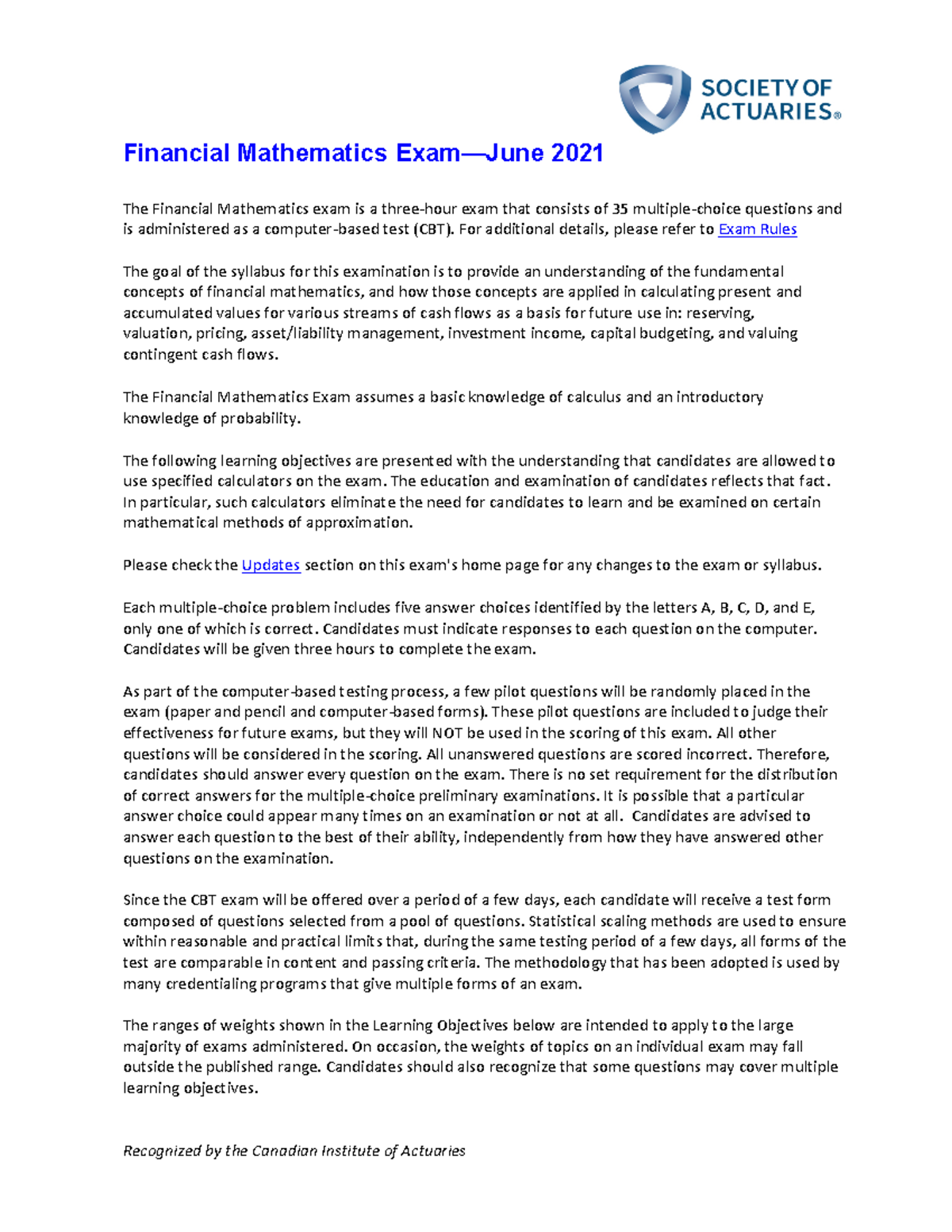 SOA EXAM FM Syllabus - Financial Mathematics Exam—June 2021 The ...
