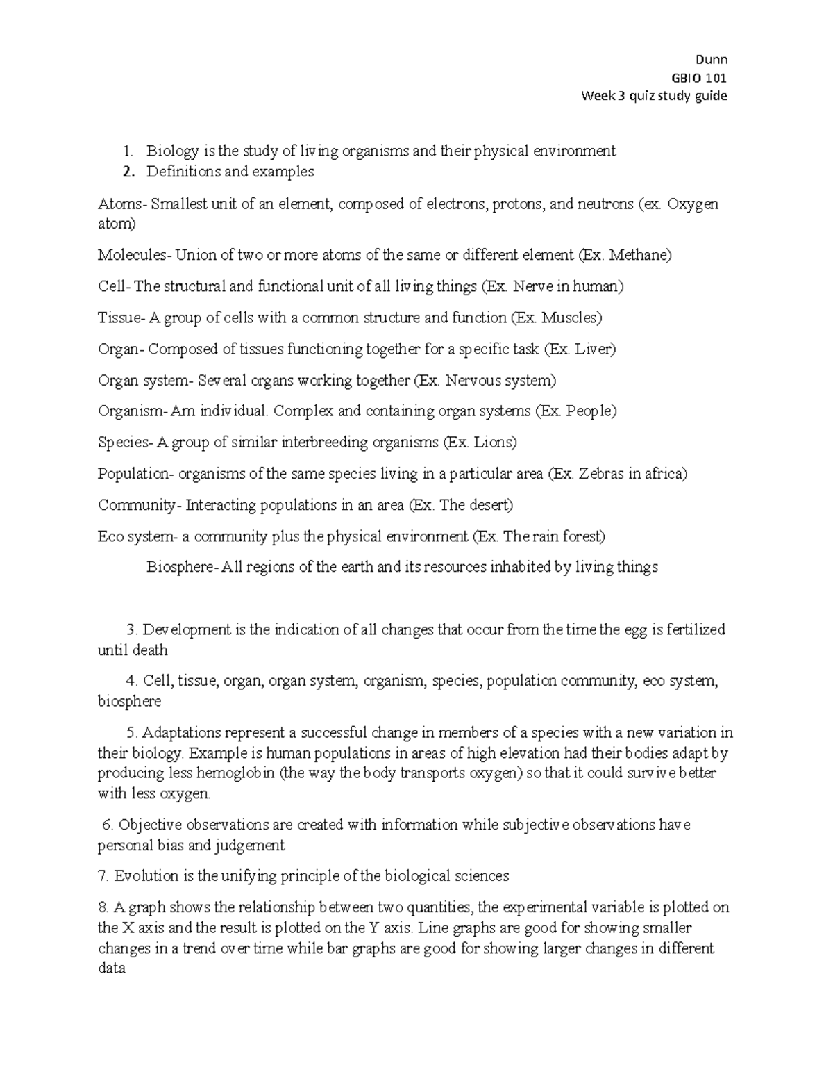 Biology week 3 quiz study guide - Dunn GBIO 101 Week 3 quiz study guide ...