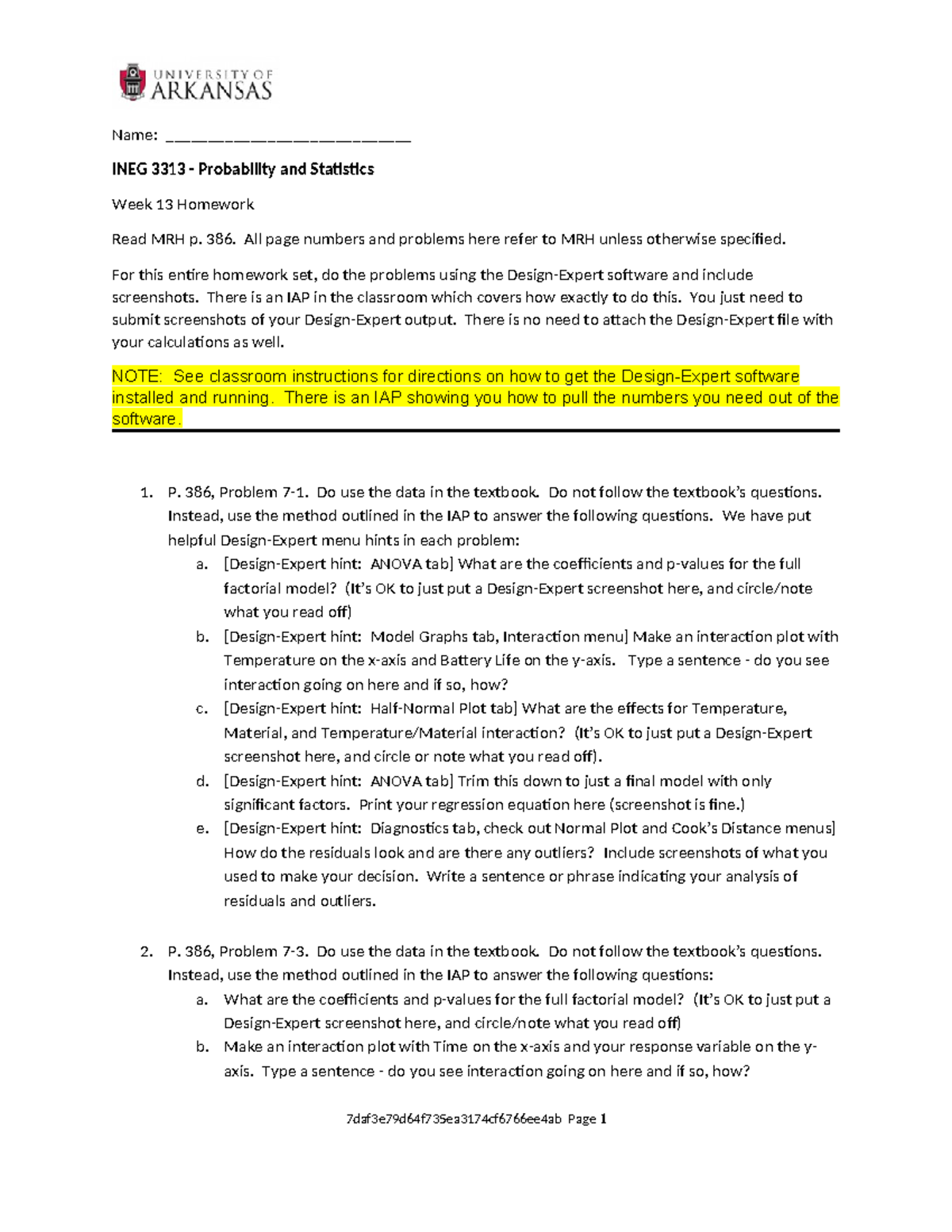 Assignment 13.2 - Week 13 Homework - Name: _____________________________ INEG 3313 - Probability ...