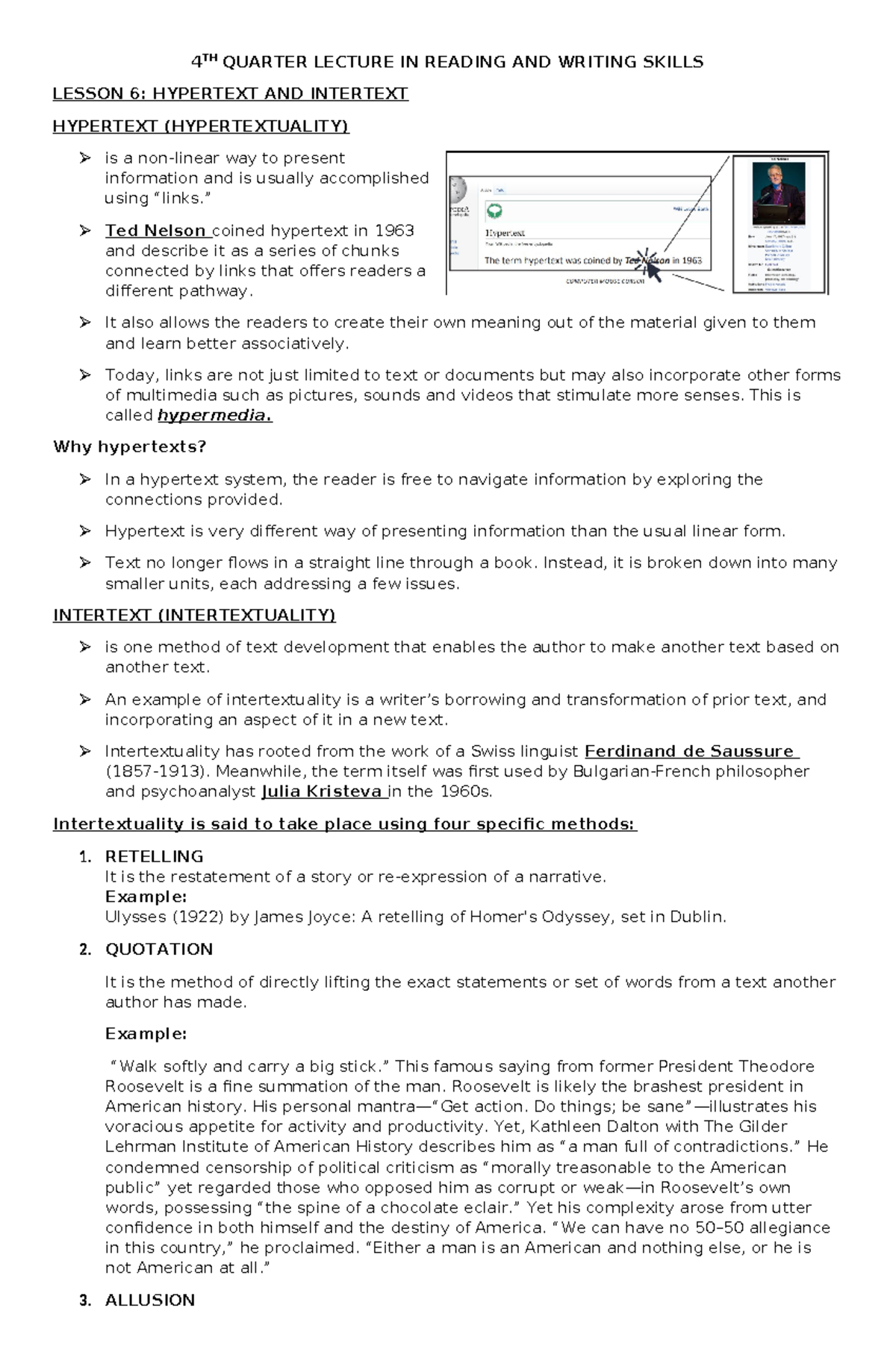 4TH Quarter Lecture IN Reading AND Writing - 4 TH QUARTER LECTURE IN READING AND WRITING SKILLS ...