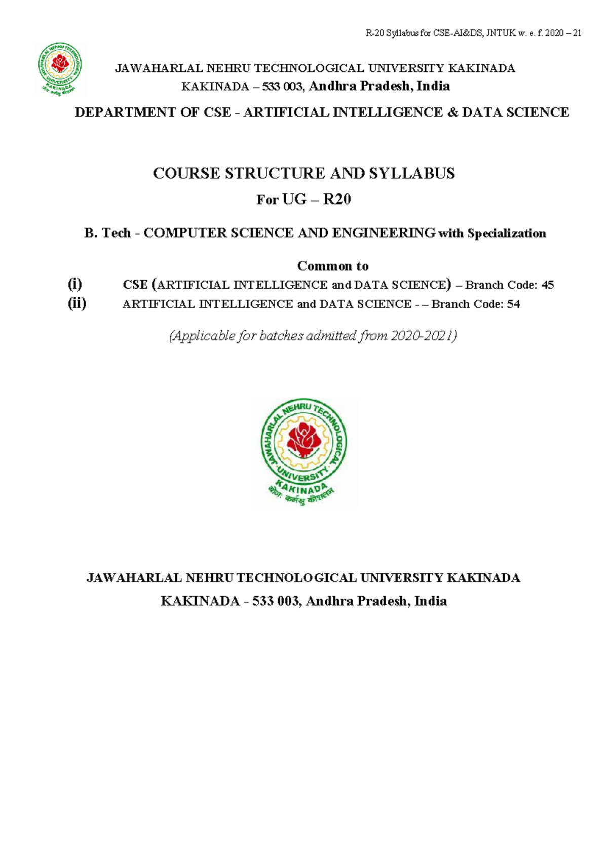 CSE - AI & DS R20 IV Years Course Structure - JAWAHARLAL NEHRU ...