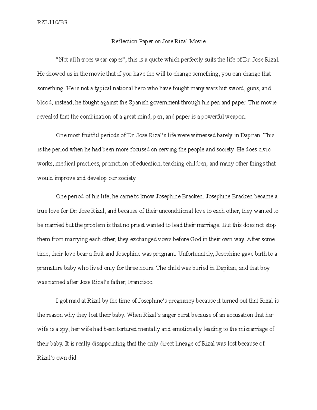 Reflection Paper On Jose Rizal Movie RZL110 B Reflection Paper On
