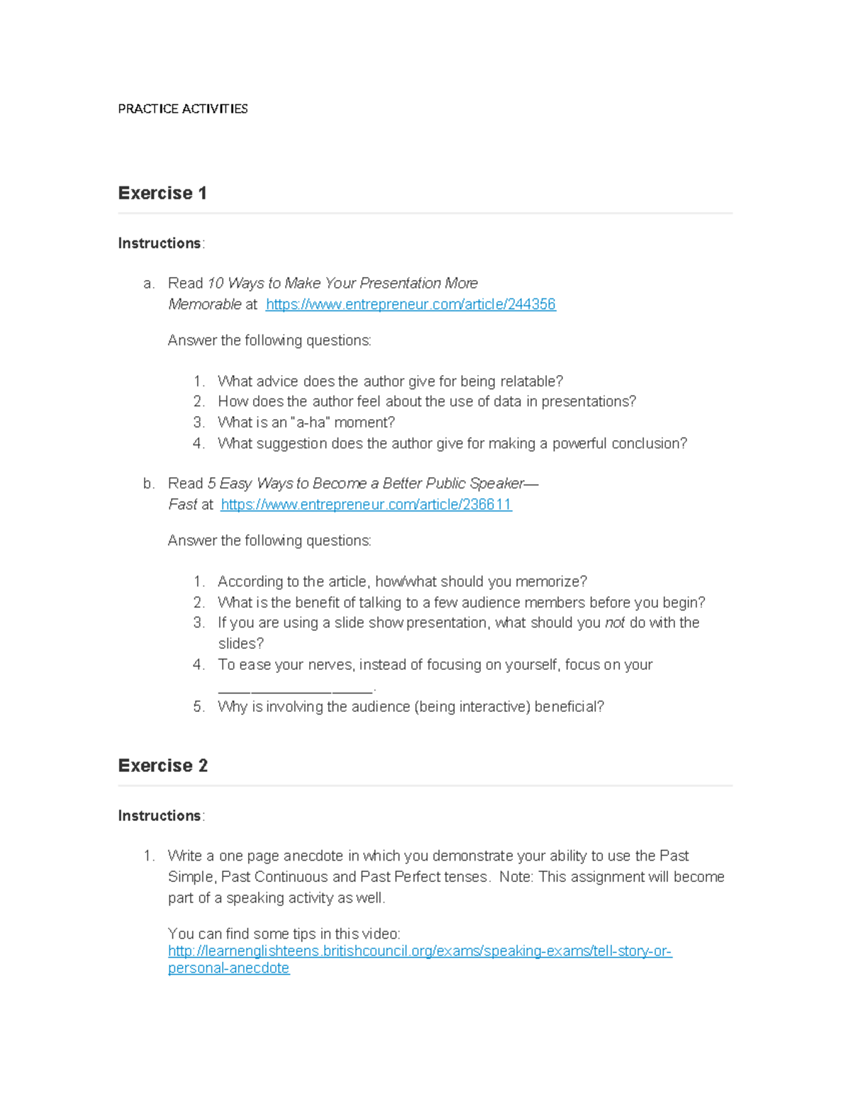 Practice Activities - PRACTICE ACTIVITIES Exercise 1 Instructions: a ...