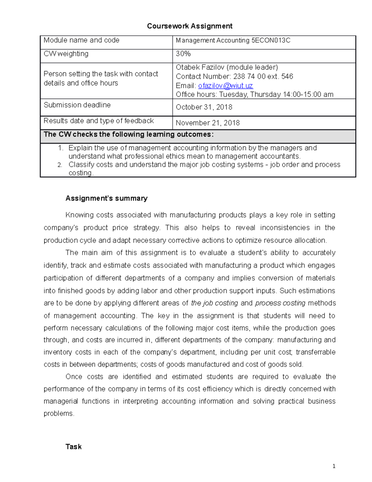 MA Coursework Assignment Open Book - Coursework Assignment Module name ...