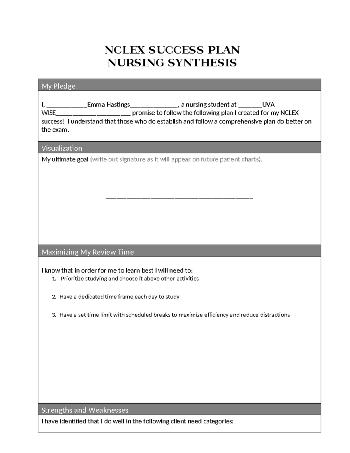 Nclex Success PLAN FORM-1 - NCLEX SUCCESS PLAN NURSING SYNTHESIS My ...