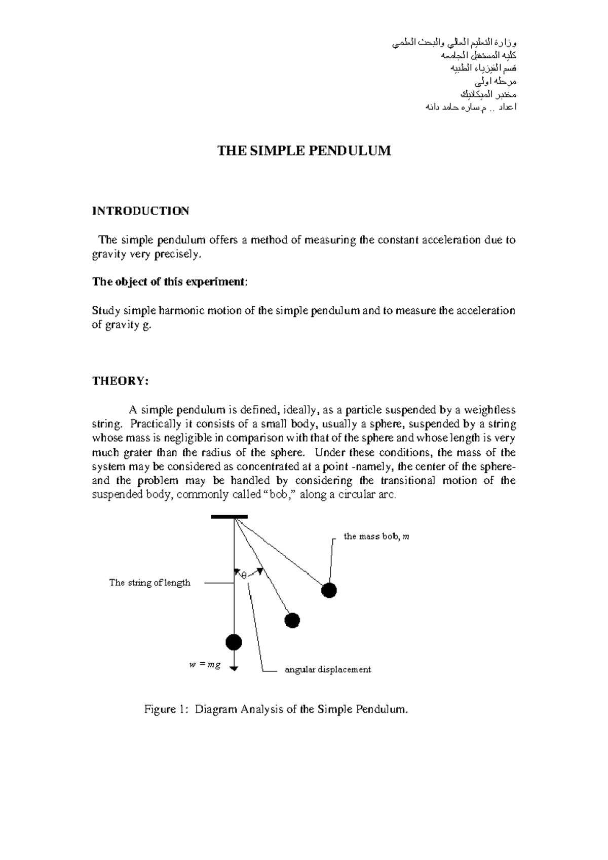 Simple pendulum - وزارة التعليم العالي والبحث العلمي كليه المستقبل الجامعه قسم الفيزياء الطبيه ...