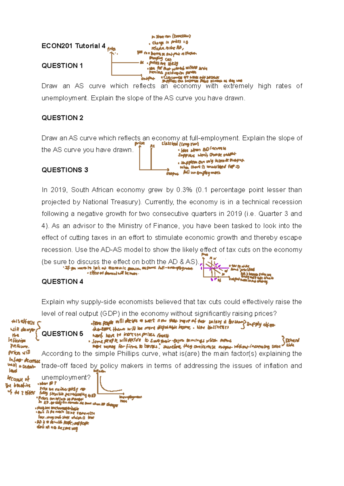 Tutorial 4 - ECON201 Tutorial 4 QUESTION 1 Draw an AS curve which reflects an economy with ...