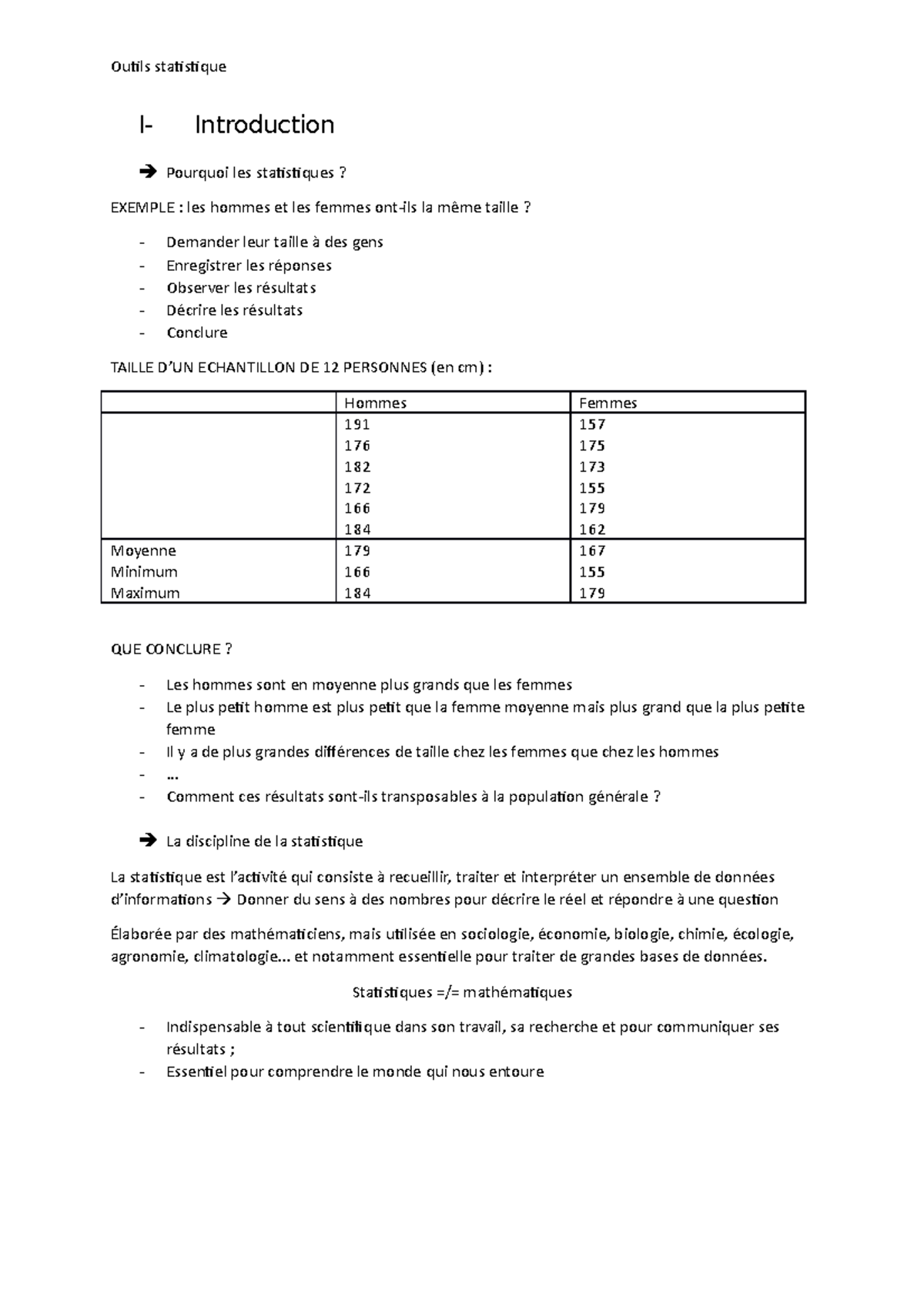 Cours d'outils statistiques - I- Introduction Pourquoi les statistiques ...