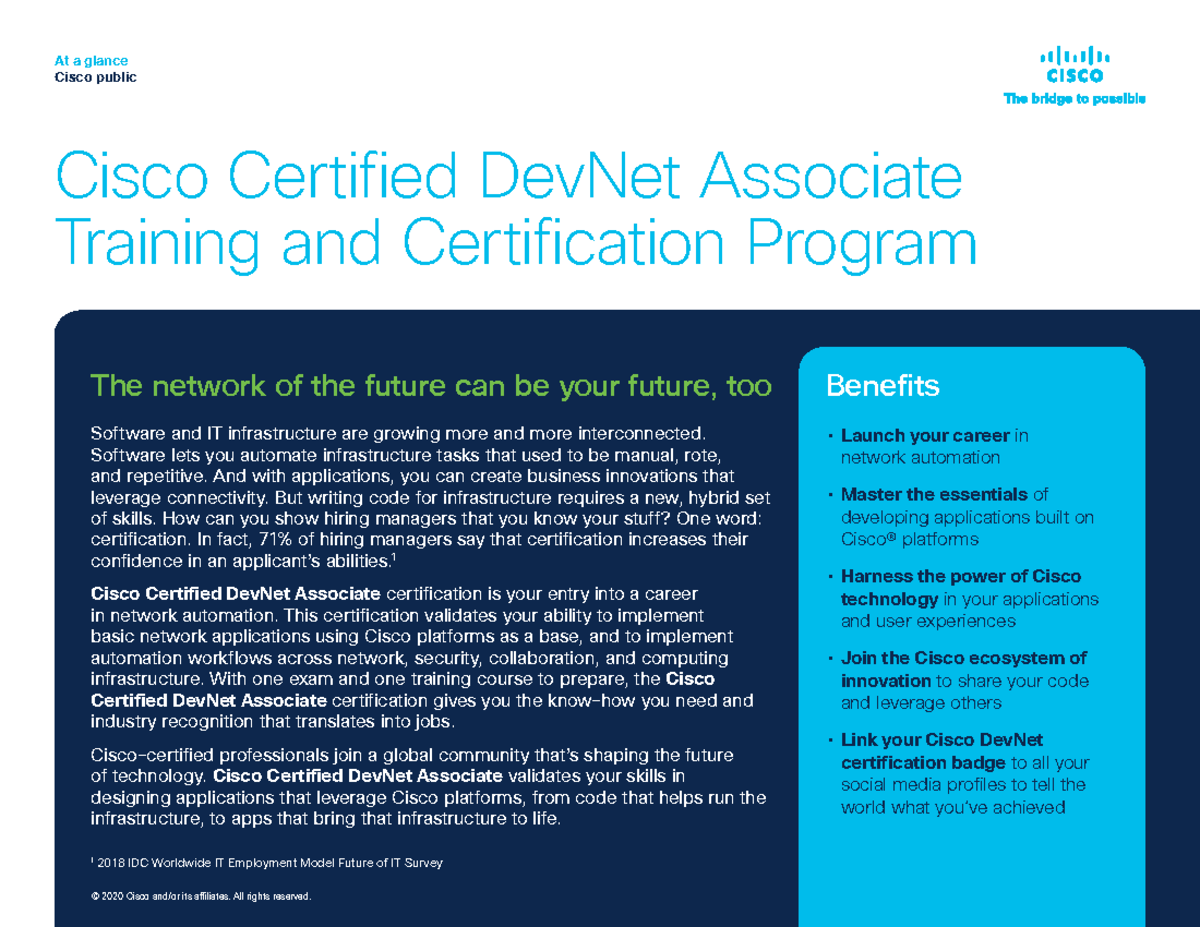 Devnet associate at a glance - At a glance Cisco public The network of ...