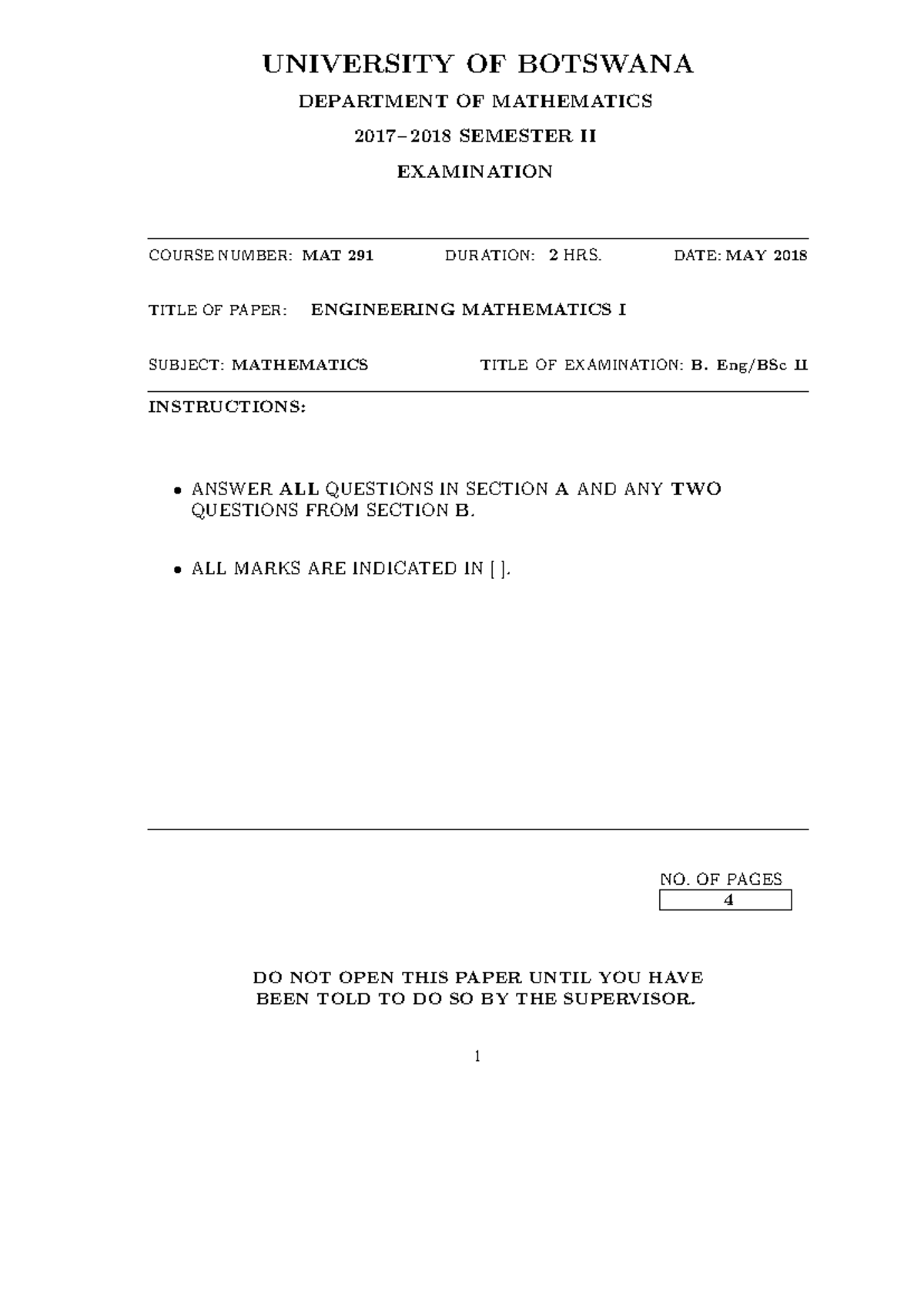 MAT 291 2018 - 2018 final exam paper - UNIVERSITY OF BOTSWANA ...