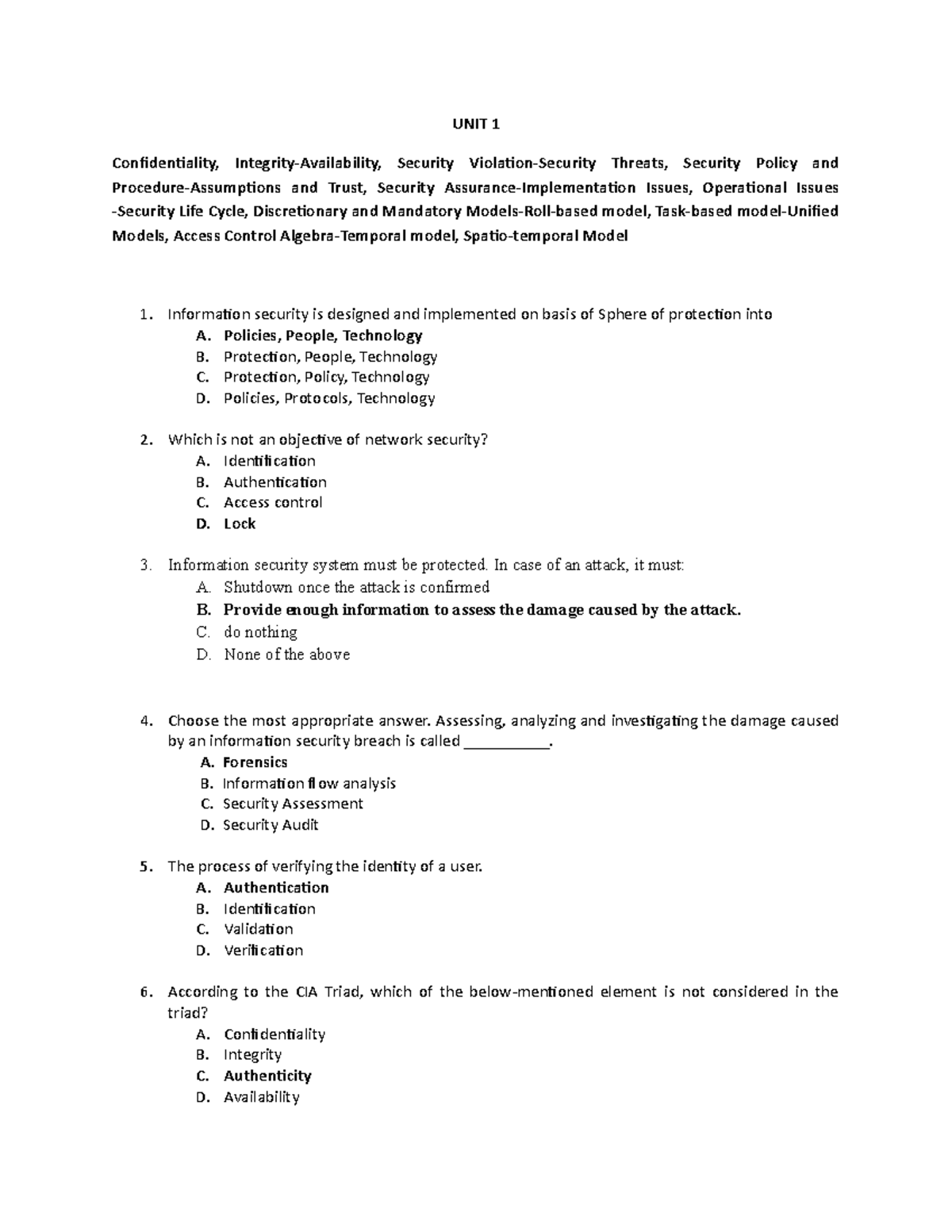 18csc364j Information Security Mcq Unit 1 Unit 1 Confidentiality Integrity Availability