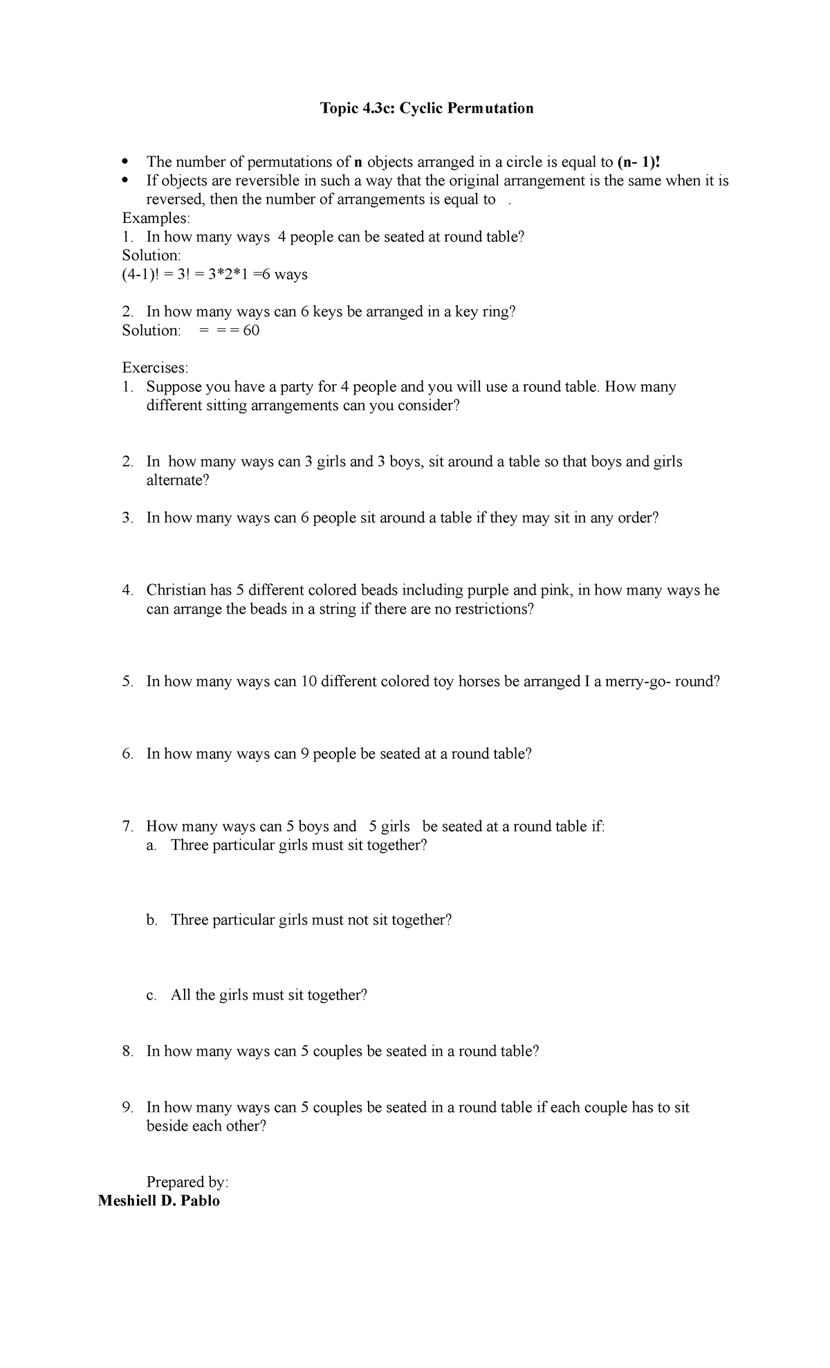 Topic 4 - mathematics - Topic 4: Cyclic Permutation The number of ...