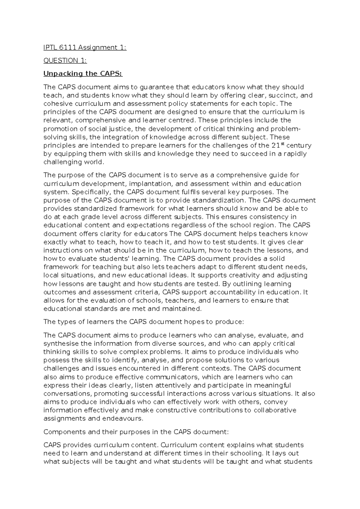 IPTL 6111 assignment - IPTL 6111 Assignment 1: QUESTION 1: Unpacking ...