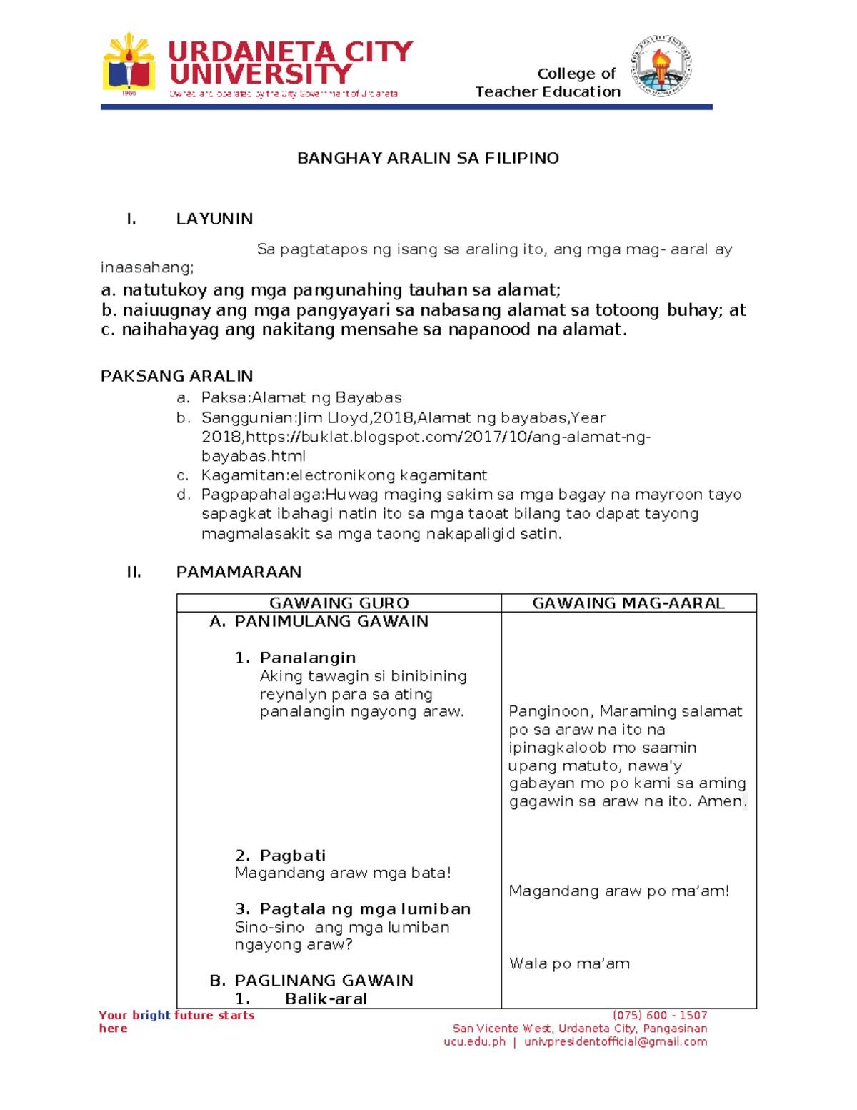 Lp-filipino - Sample lesson plan in filipino - College of Owned and ...