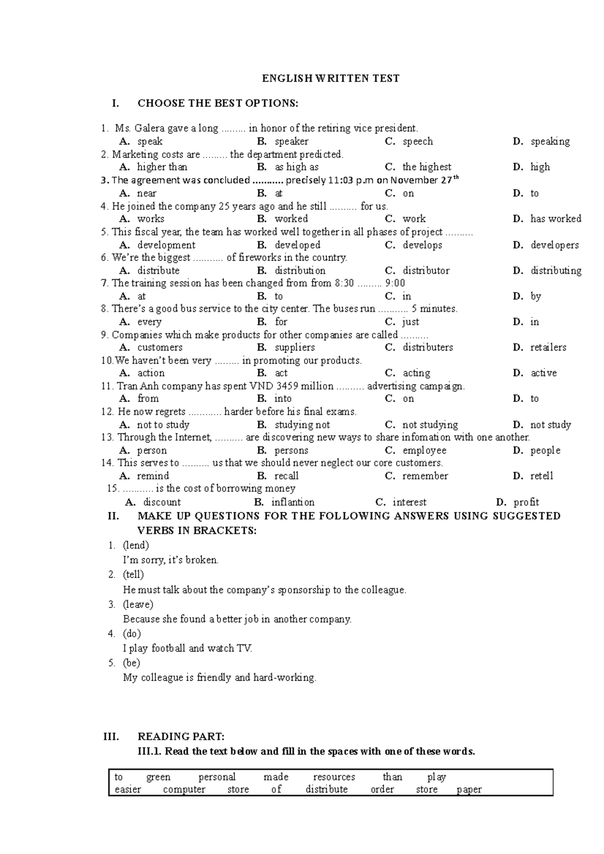 English Written TEST (TACB1) - ENGLISH WRITTEN TEST I. CHOOSE THE BEST ...