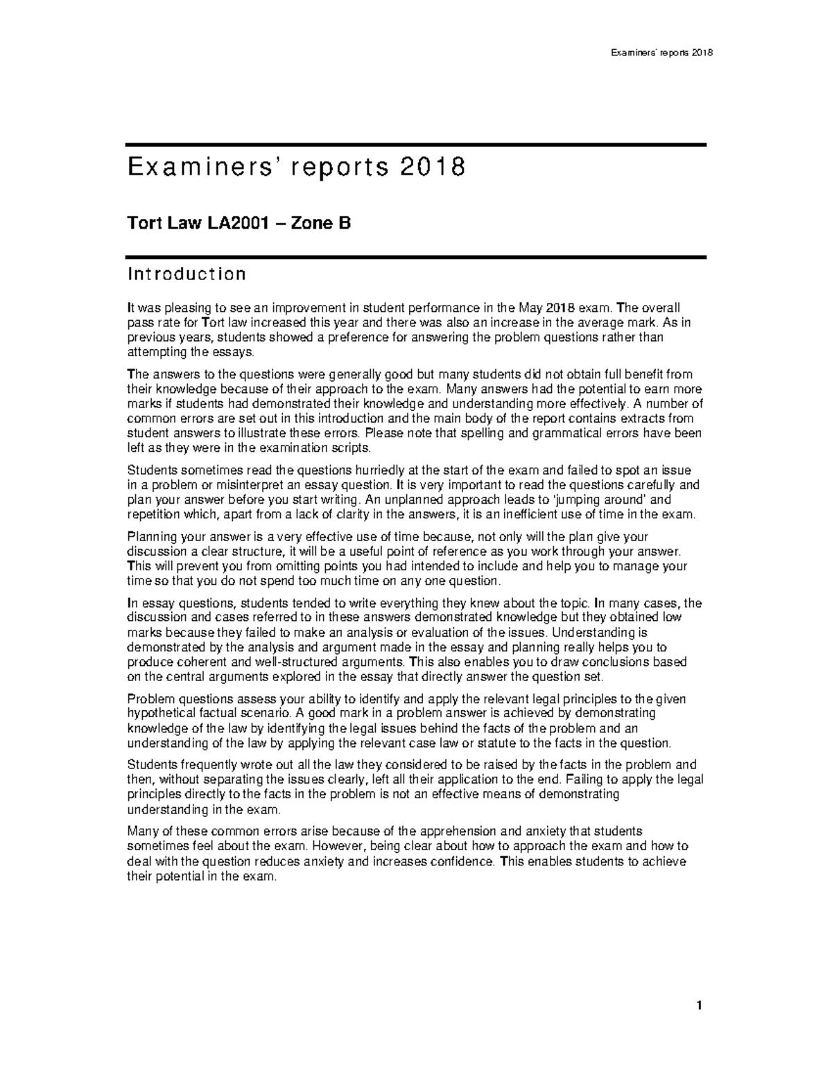 Tort report 2018 B - past paper question - Examiners’ reports 2018 Tort ... Tort report 2018 B - past paper question - Examiners’ reports 2018 Tort ...
